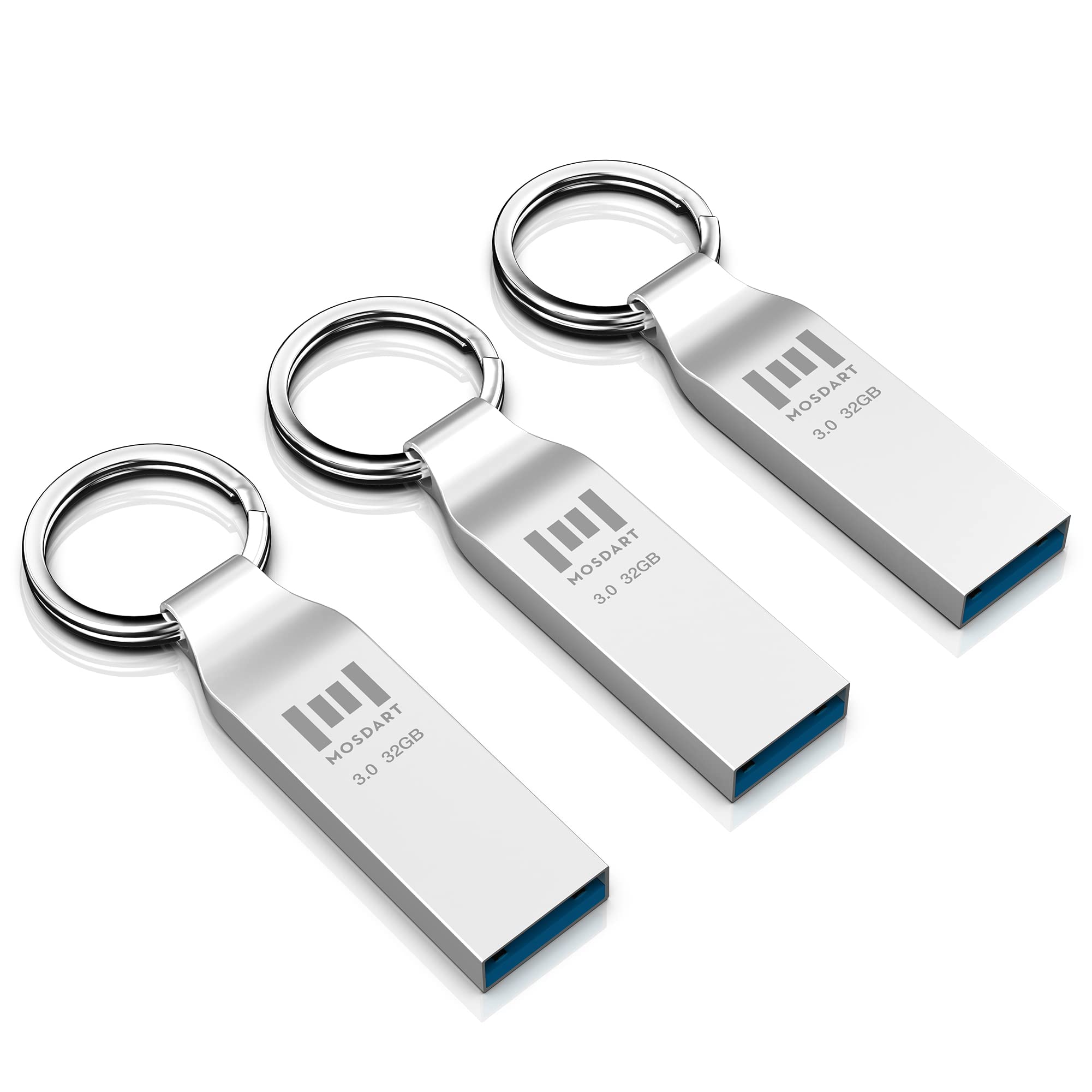 MOSDART 32GB USB 3.0 Flash Drive with Keychain Waterproof Memory Stick Thumb Drive Metal 32G USB3.0 Jump Drive 3 Pack, Silvery