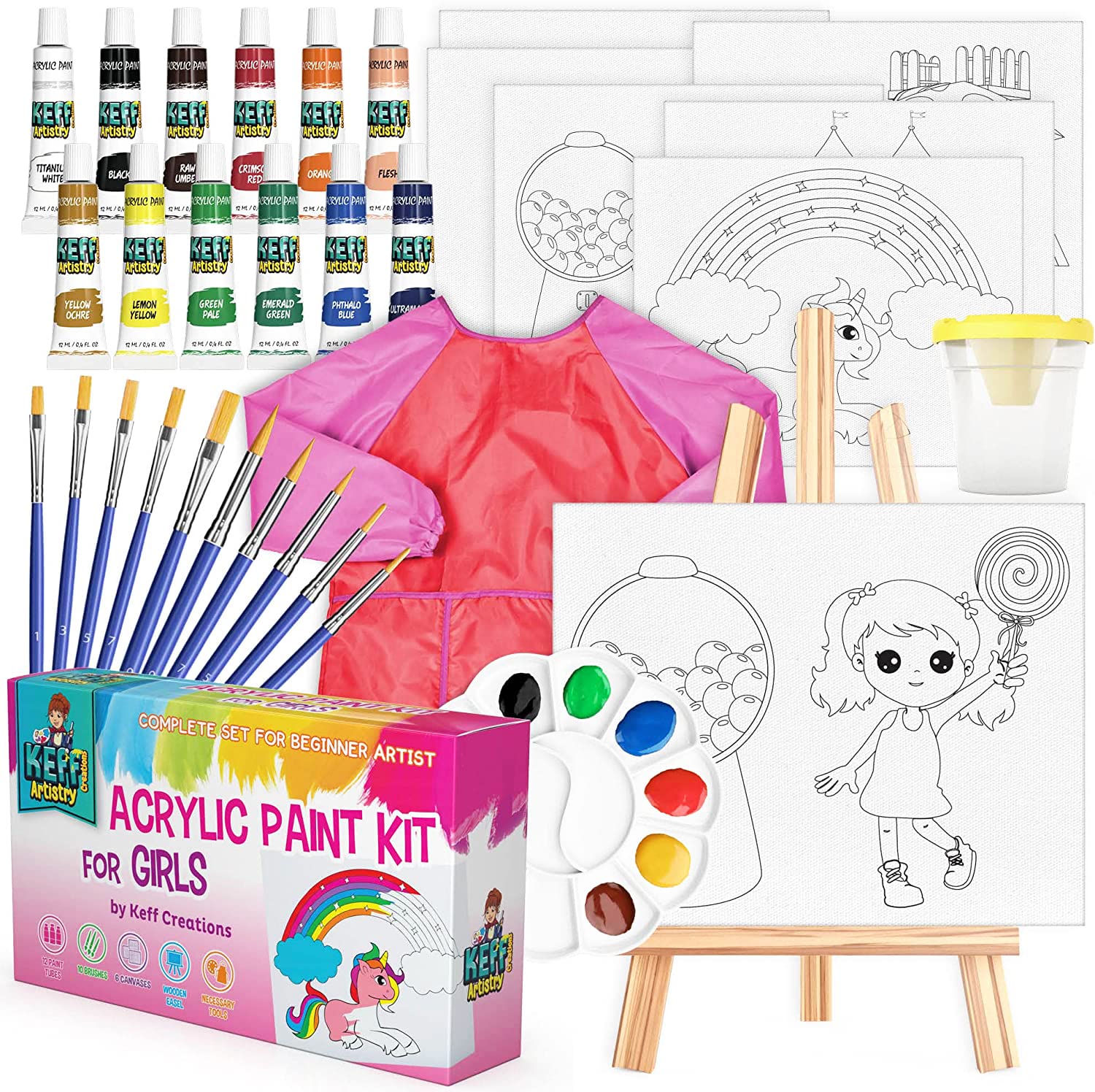 KEFF Paint Set for Kids, Art for Kids - Paint Kit with Non Toxic Washable Acrylic Paint for Kids - Kids Painting Set with Pre-Drawn Canvas Boards, Easel, Brushes, Kids Paint, Palette & Smock for Girls