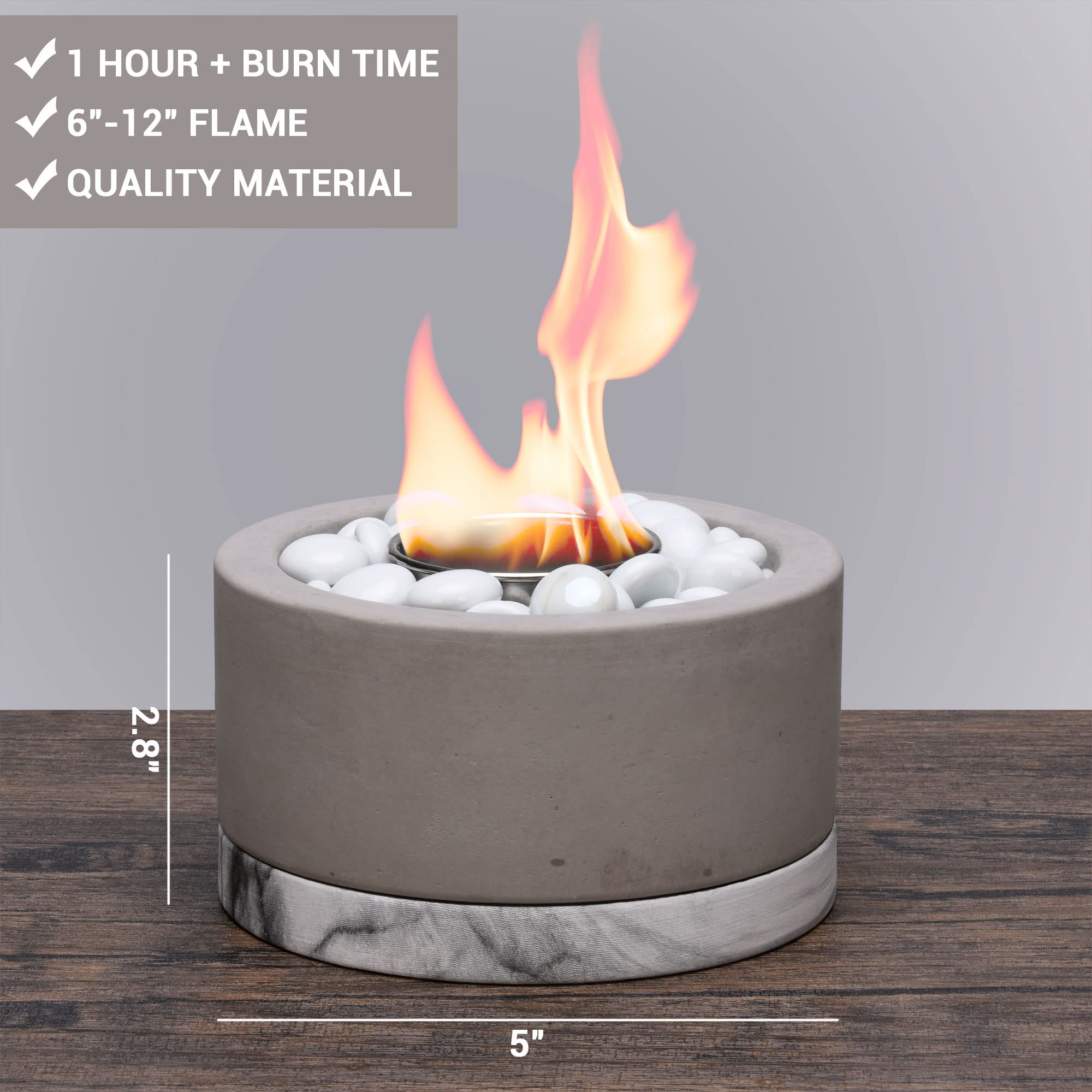 MJ Home Tabletop Fire Pit Bowl, Indoor Pit, Small Smores Place, Portable Fireplace, Personal Round Firebowl with Flame, Firepits for Use on Patio, Balcony, Camping., Gray White