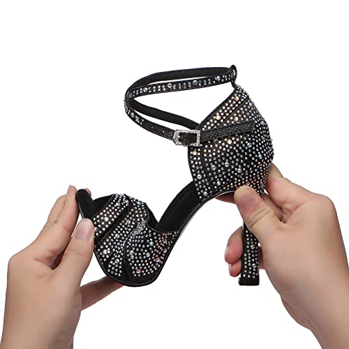 JUODVMP Women's Ballroom Dance Shoes Black T-strap Latin Dance Shoes with Rhinestones 4 inch Heel,8 US