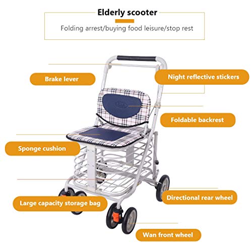 Shopping Rollator Seniors Walker Walking Frame Aid Lightweight Mobility Trolley Stroller Scooter Foldable with Seat and Bag 4 Wheels for Eldly, Can Bear Weight 120kg(265lbs)
