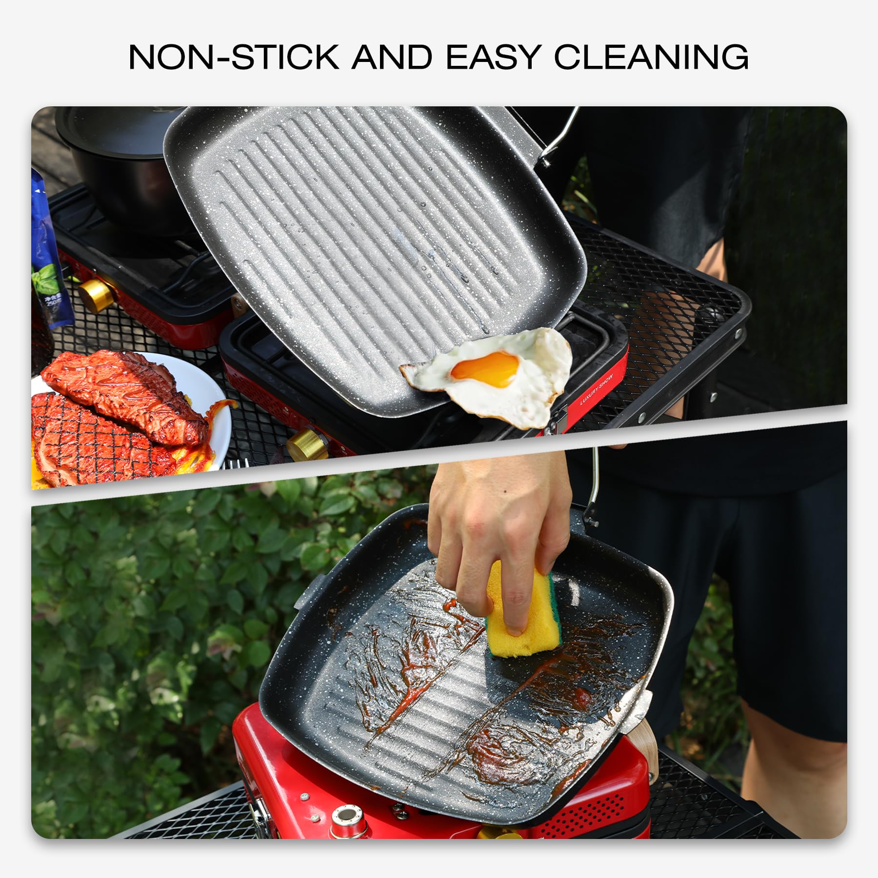 REDCAMP Nonstick Grill Pan with Folding Handle for Stove Tops, Versatile Griddle with Pour Spouts, Durable Skillet Indoor & Outdoor Grilling, Black Steak Pan, Compatible with All Stovetops,11(L)x9(W)
