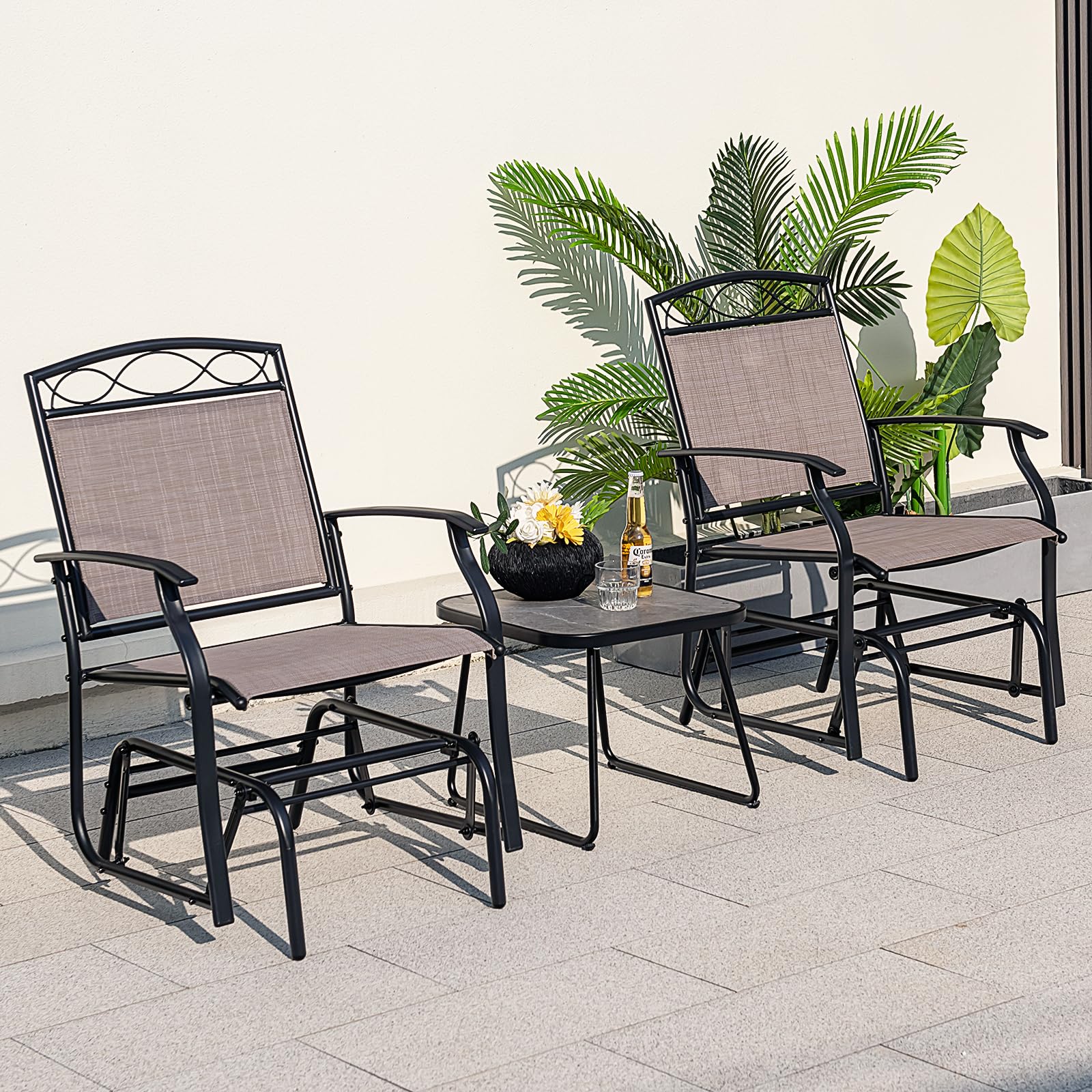 Tangkula 4 Pcs Patio Glider Set, Outdoor Gliding Loveseat w/Tempered Glass Coffee Table, Heavy-Duty Patio Furniture Set for Backyard, Porch, Poolside (4 PCS Patio Glider Set)