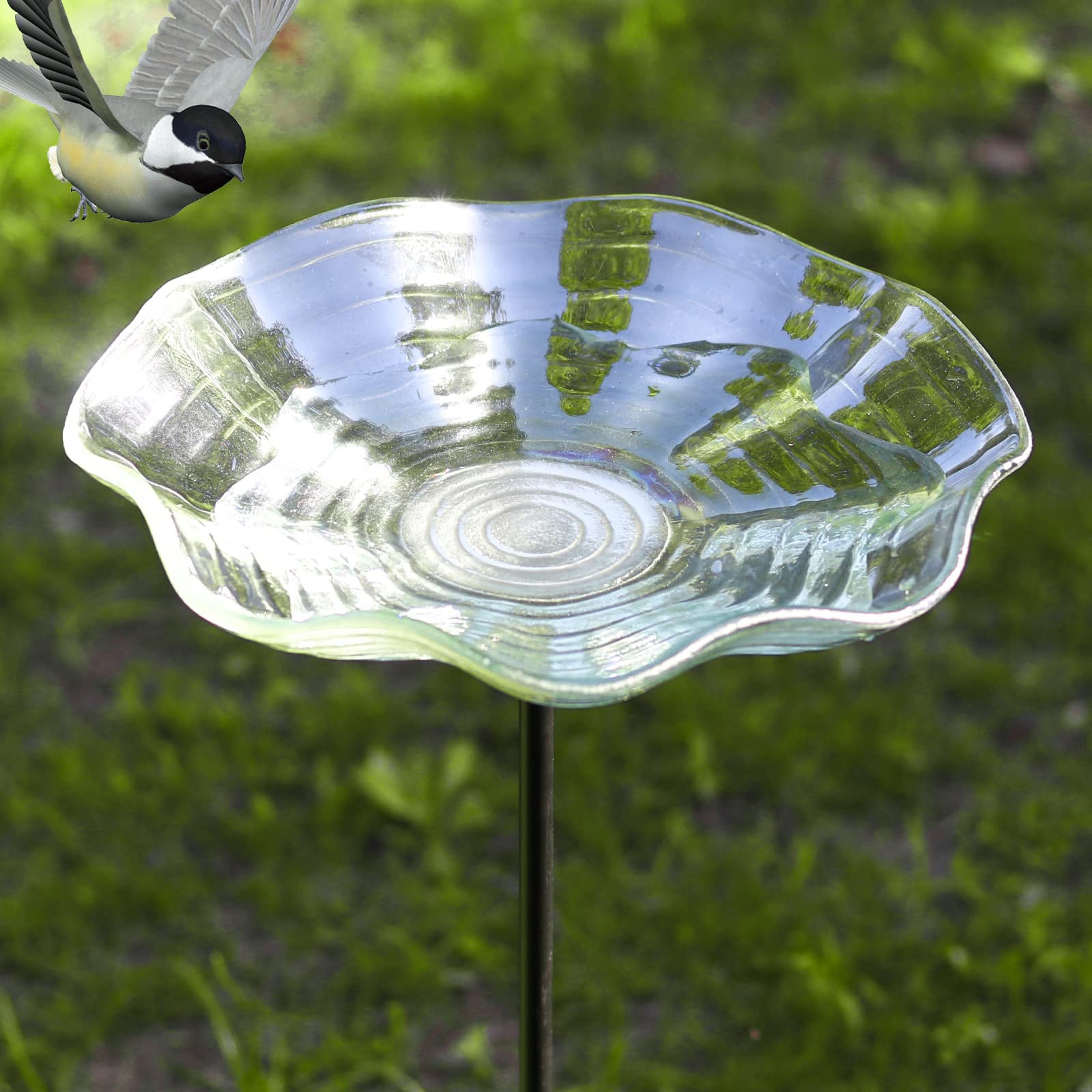 MUMTOP Outdoor Bird Bath, Glass Bird Baths Bowl with Metal Stake for Yard Lawn Garden Decorations, White