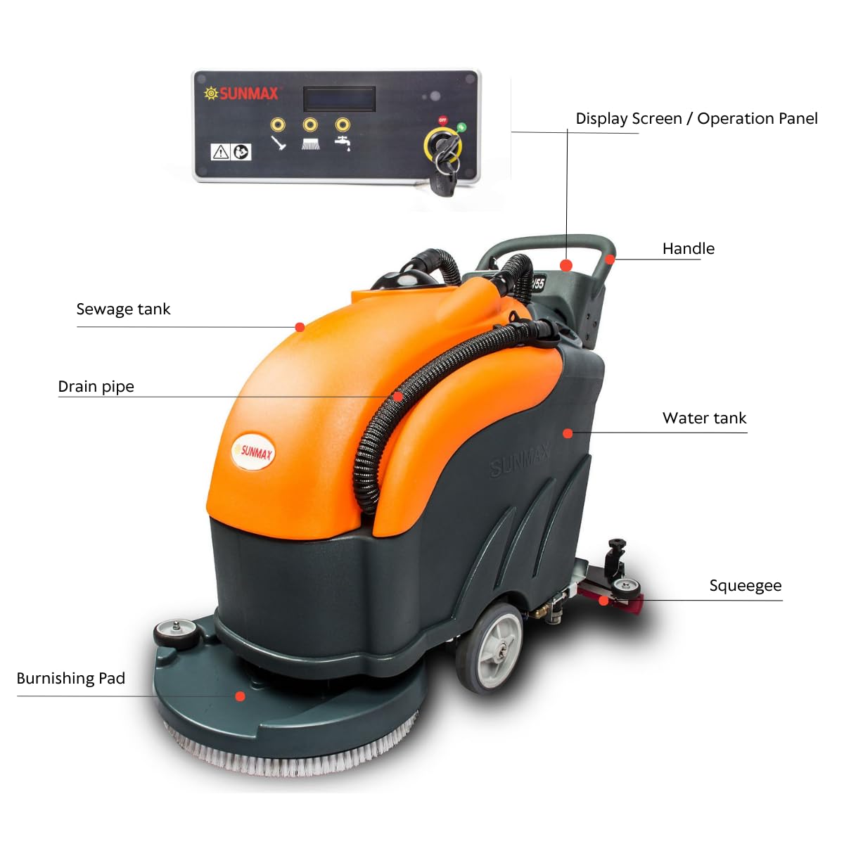 SUNMAX Walk-behind Floor Scrubber Dryer with 22" Scrub Path, 14.5-Gal Recovery Tank, Includes Heavy Duty Brush, Red, Black and White Pads, 30000 Sqft/h