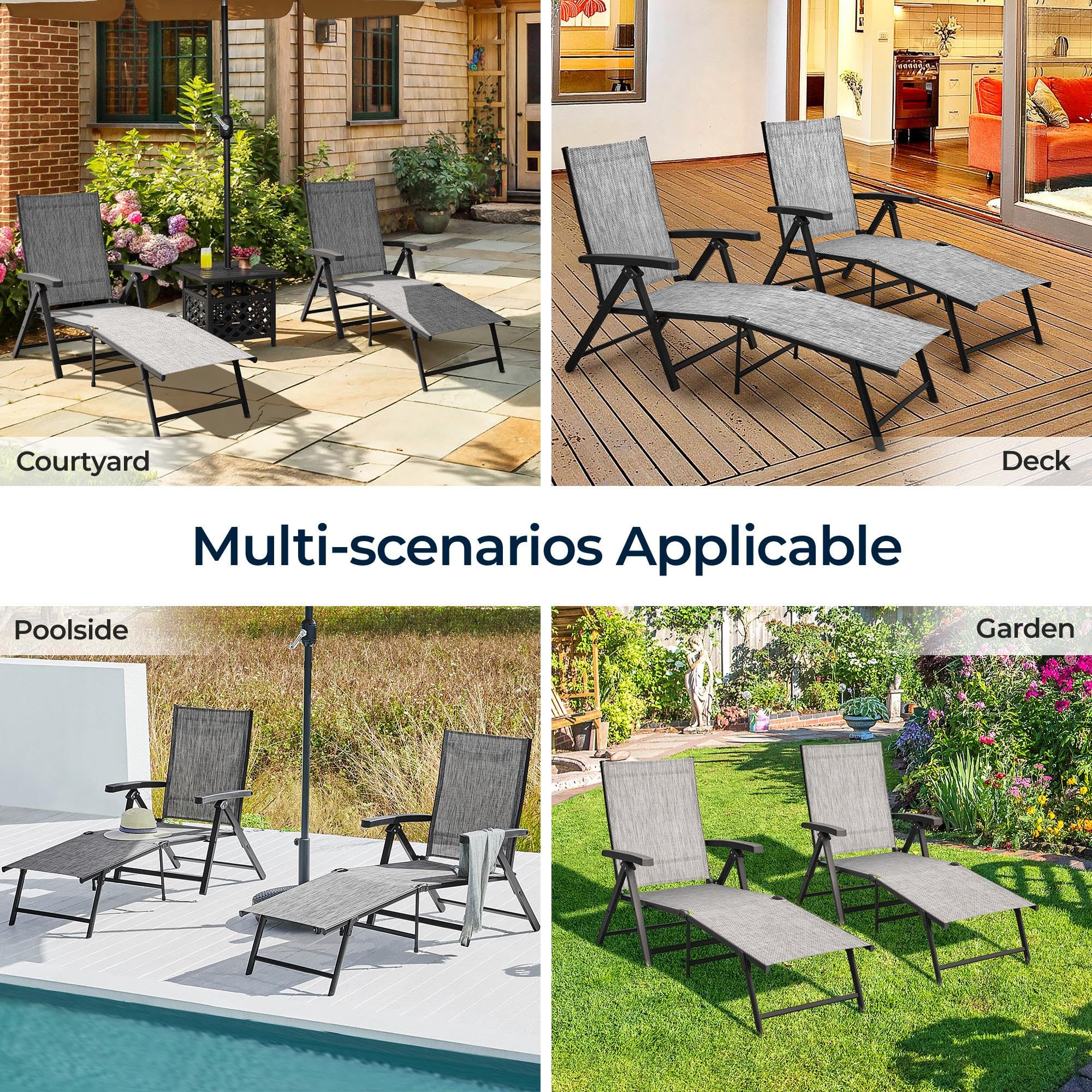 Yaheetech Outdoor Folding Chaise Lounge Set of 2 Patio Reclining Chairs w/Adjustable 7-Position Back for Beach Pool Garden Yard Deck Gray