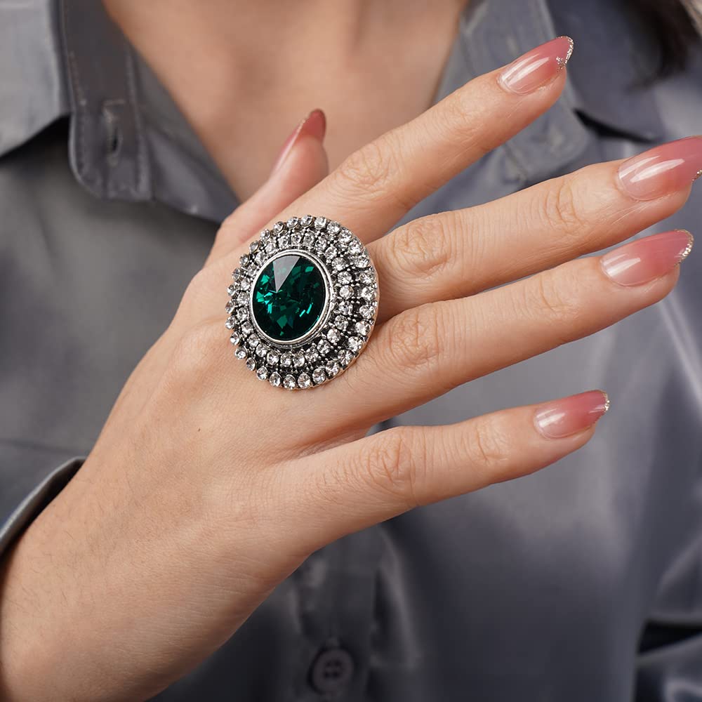 Jumwrit Vintage Knuckle Ring Open Band Ring Silver Rhinestone Ring Big Round Ring Adjustable Finger Ring Carved Ring Indian Ring for Women(Green)