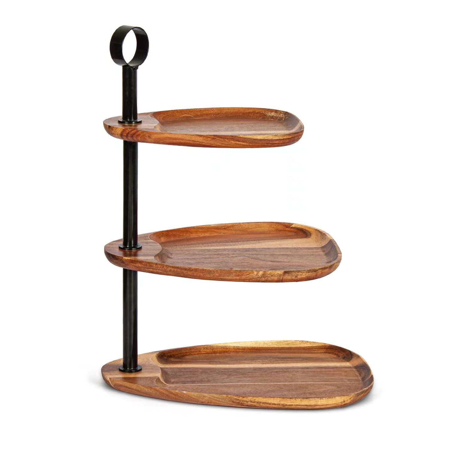 KITEISCAT 3 Tier Serving Tray- Elegant 3 Tiered Serving Tray with Metal Handle for Kitchen Island, Countertop, Coffee Table & More- Durable Decorative Standing Wooden Serving Trays for Parties