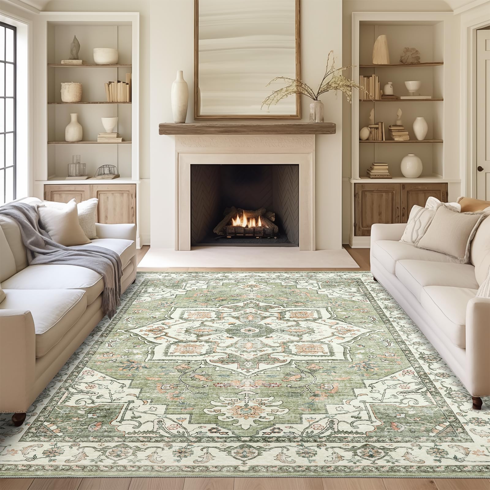 Restydon 8x10 Rug,Area Rugs for Living Room,Non-Slip Backing Washable Rugs,Vintage Printed Large Area Rug, Stain Resistant Home Decor Rug (Light Green,8'x10')