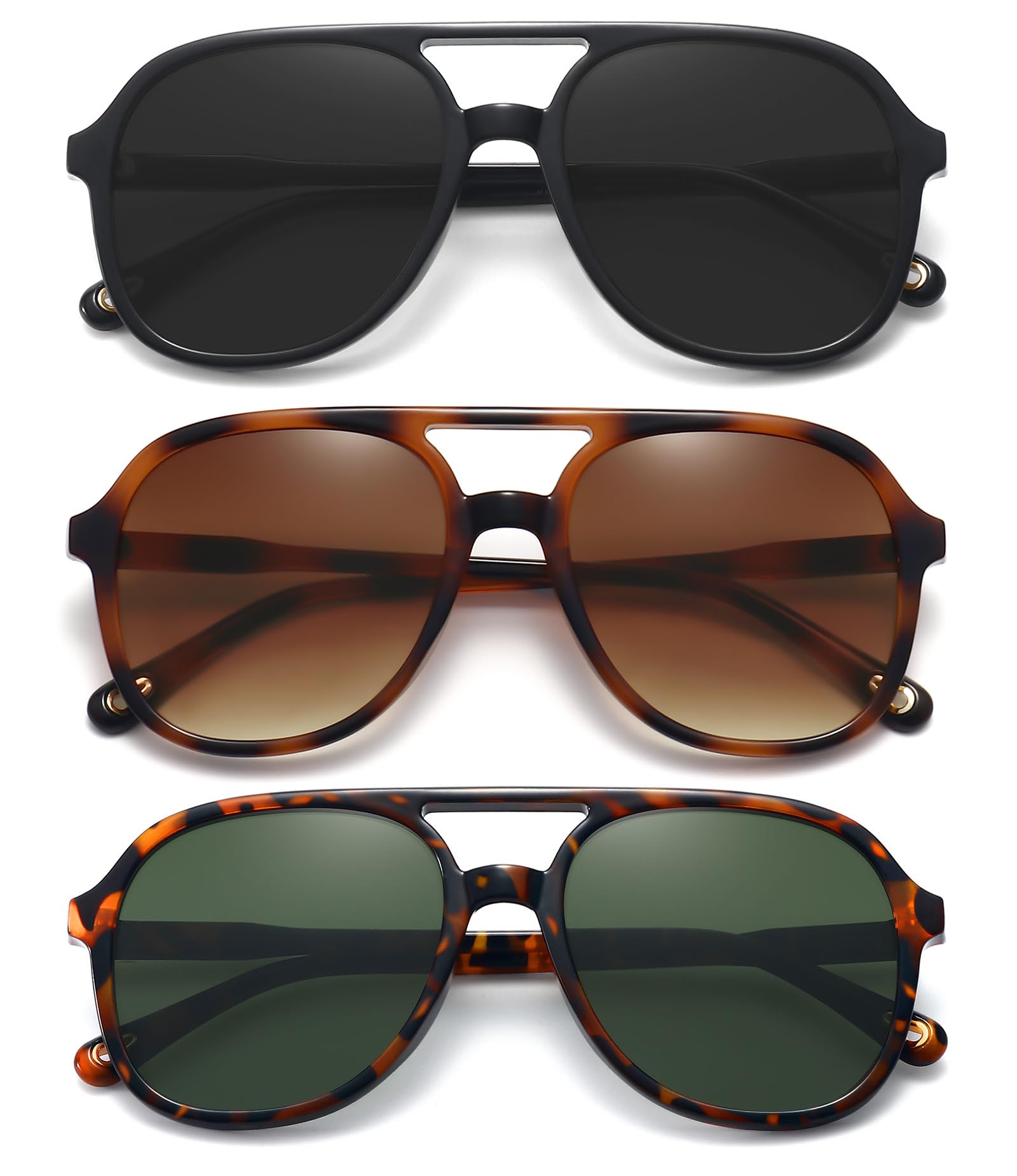 MEETSUN Retro Oversized Aviator Sunglasses for Women Men Trendy Square Aviators 70s Vintage Sun Glasses -3Pack(Black +Tortoise/Brown +Tortoise/Green)
