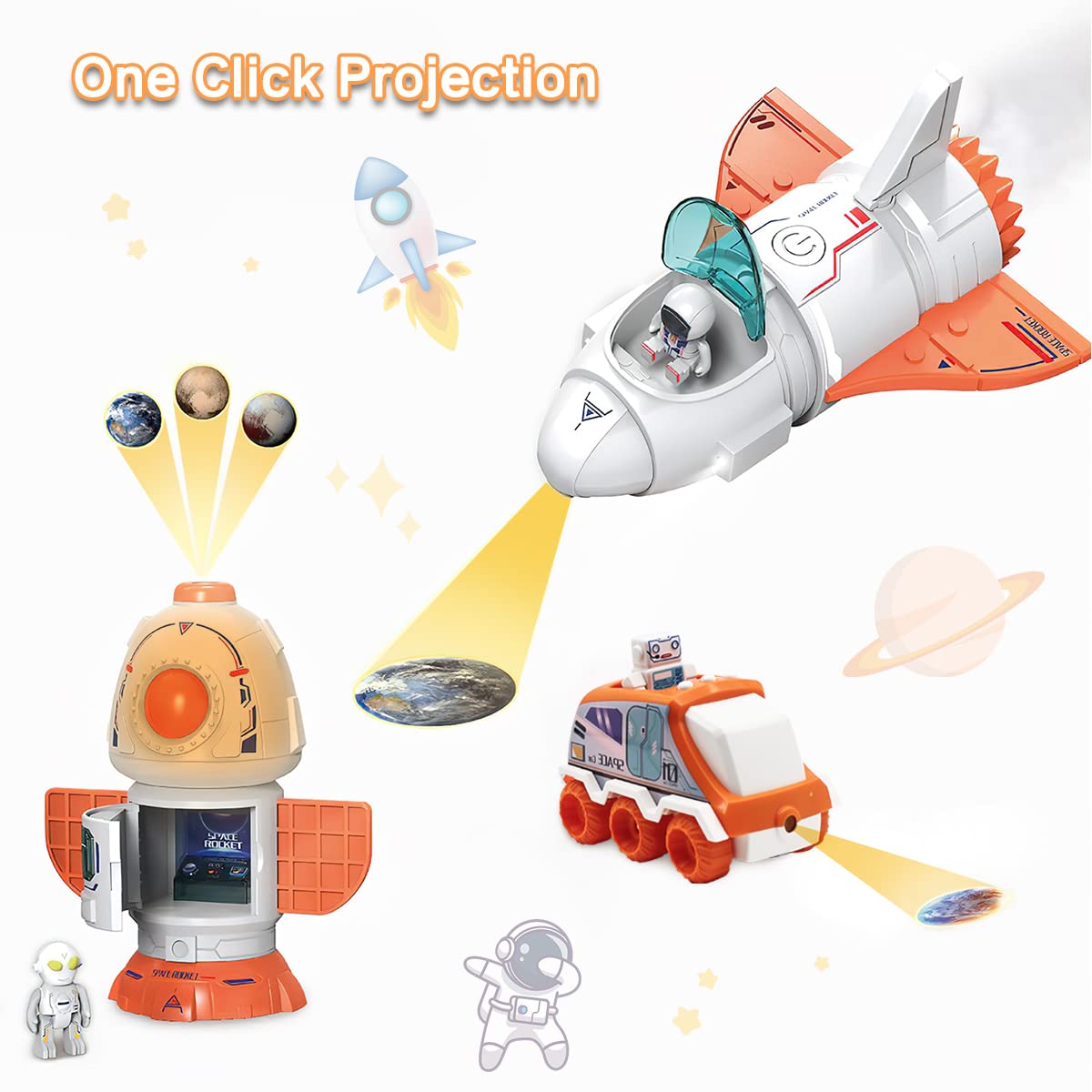 Mostop Space Shuttle Rocket Toys for Kids Rocket Ship Toys with Light and Blast Off Sound Effects, Space Adventure Toys with Spraying & Projection Function, Kids Science Educational Toys