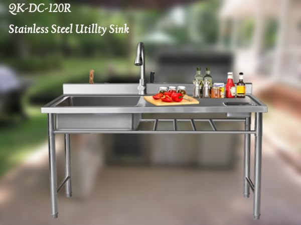 Qian Kun Free 304 Standing Stainless Steel Sink Utility Sink (Pull Down Sprayer & Drain Pipe) FreeStanding Outdoor Kitchen Sinks 47.2 * 19.7 * 35.4 Left Single Bowl Commercial Restaurant Sink NSF