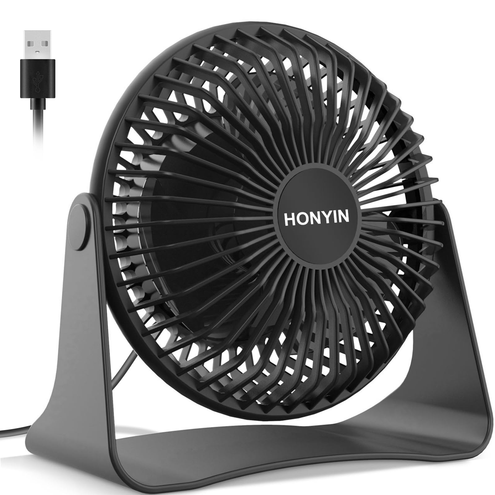 HONYIN Small USB Desk Fan, 3 Speeds Desktop Table Cooling Fan, 360° Rotatable, Strong Wind, Quiet Personal Little Fan Powered by USB for Bedroom Home Office