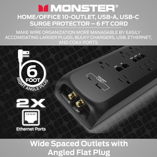 Monster Black Heavy Duty Surge Protector Power Strip 6 ft Cord with 10 120V-Outlet Extension, 2 Ethernet Switch Ports, 4050J Rating, 1 USB-A, and 1 USB-C Charging Ports β Ideal for Computers & Offices