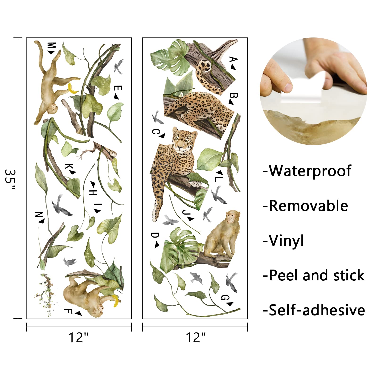 Mfault African Leopard Monkey Climbing Tree Wall Decals Stickers, Safari Jungle Animals Nursery Decorations Boys Bedroom Art, Tropical Bird Kids Playroom Classroom Room Decor