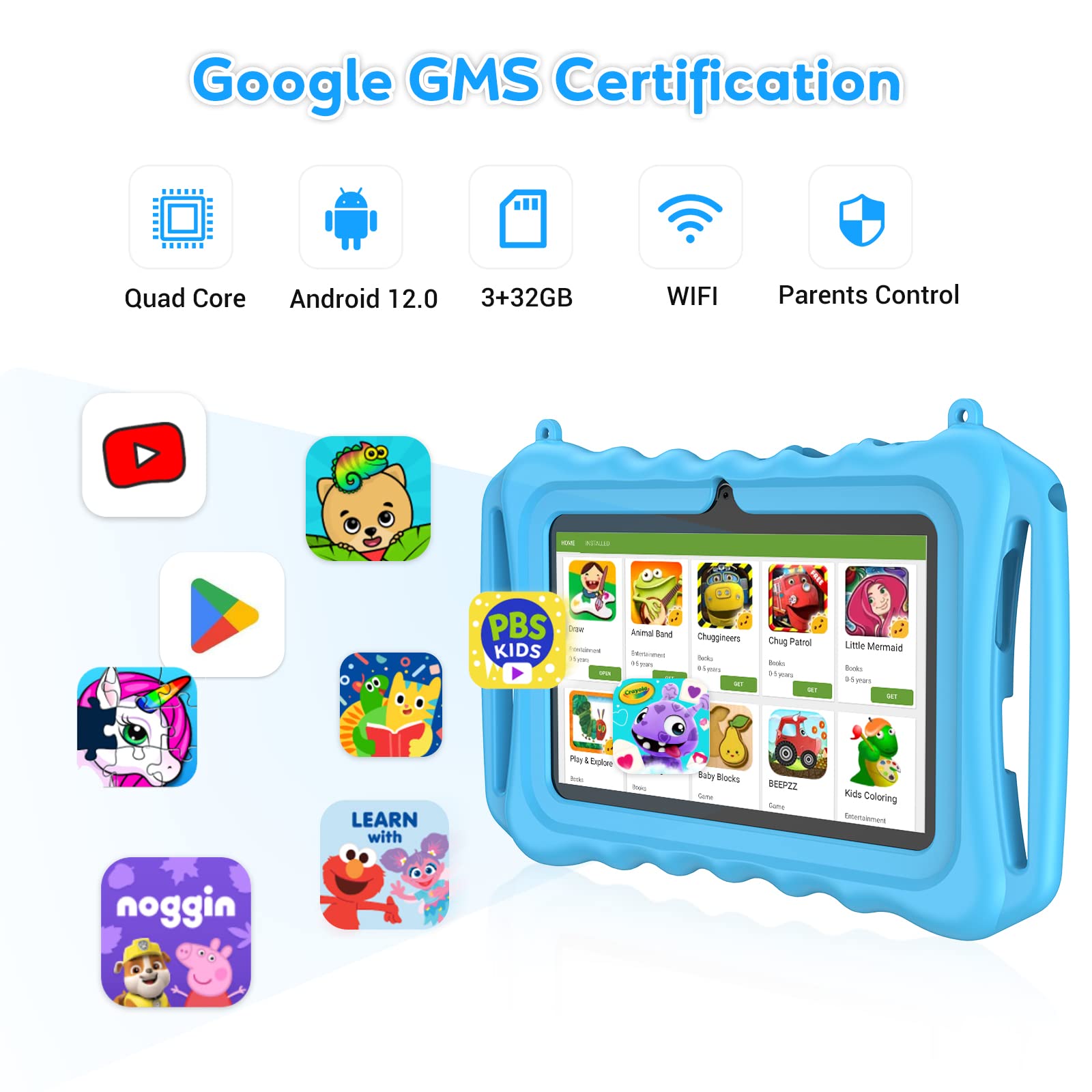 Kids tablet,7 inch Tablet for Toddlers 3GB RAM 32GB ROM, Android 12.0 Tablet for Kids with Dual Camera, WiFi, Bluetooth, Parental Control, Shockproof Case, YouTube, Netflix,Toddler Tablet for Children