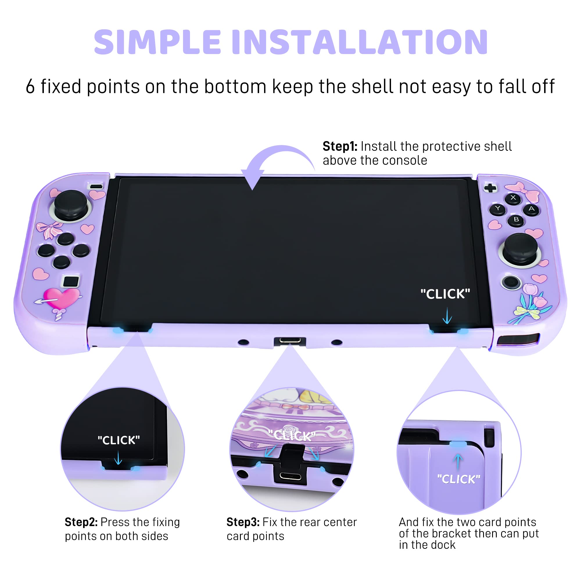 LASTYAL Kawaii Neko Cat Protective Shell Compatible with Nintendo Switch OLED, Hard PC Purple Cover Case for Switch OLED and Joycon Controller with Anti-Scratch Design - Neko