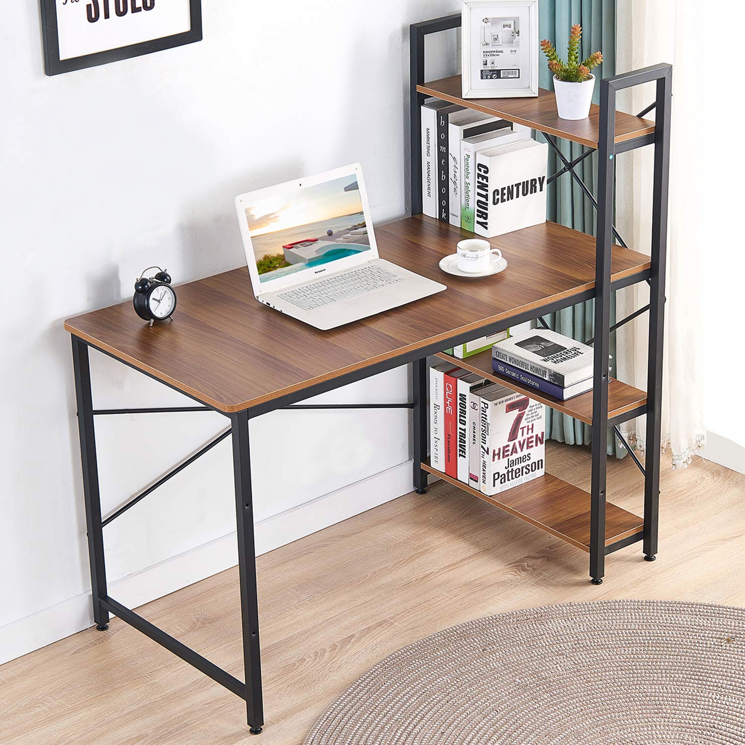 IBAMA Home Office Desk and Shelves, Study Writing Table with Bookshelves Ample Storage Space Modern Frame Compact Wood Desktop Home Work Office Workstation