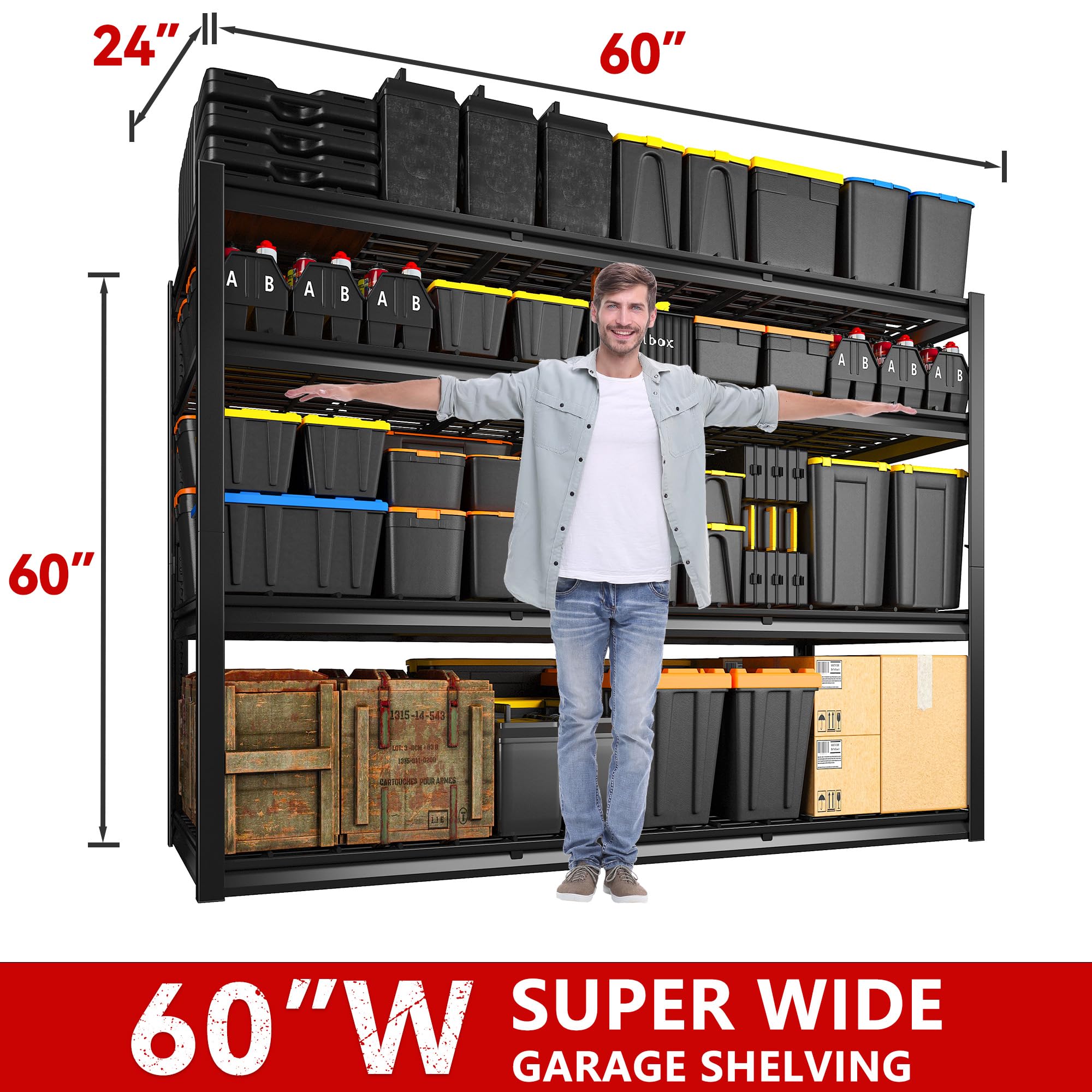 REIBII 60" W Garage Shelving Heavy Duty Storage Shelves 2500 LBS Commercial Metal Shelving Units and Storage Rack Shelf for Garage Warehouse Pantry,Kitchen School, 60" W*60" H*24" D