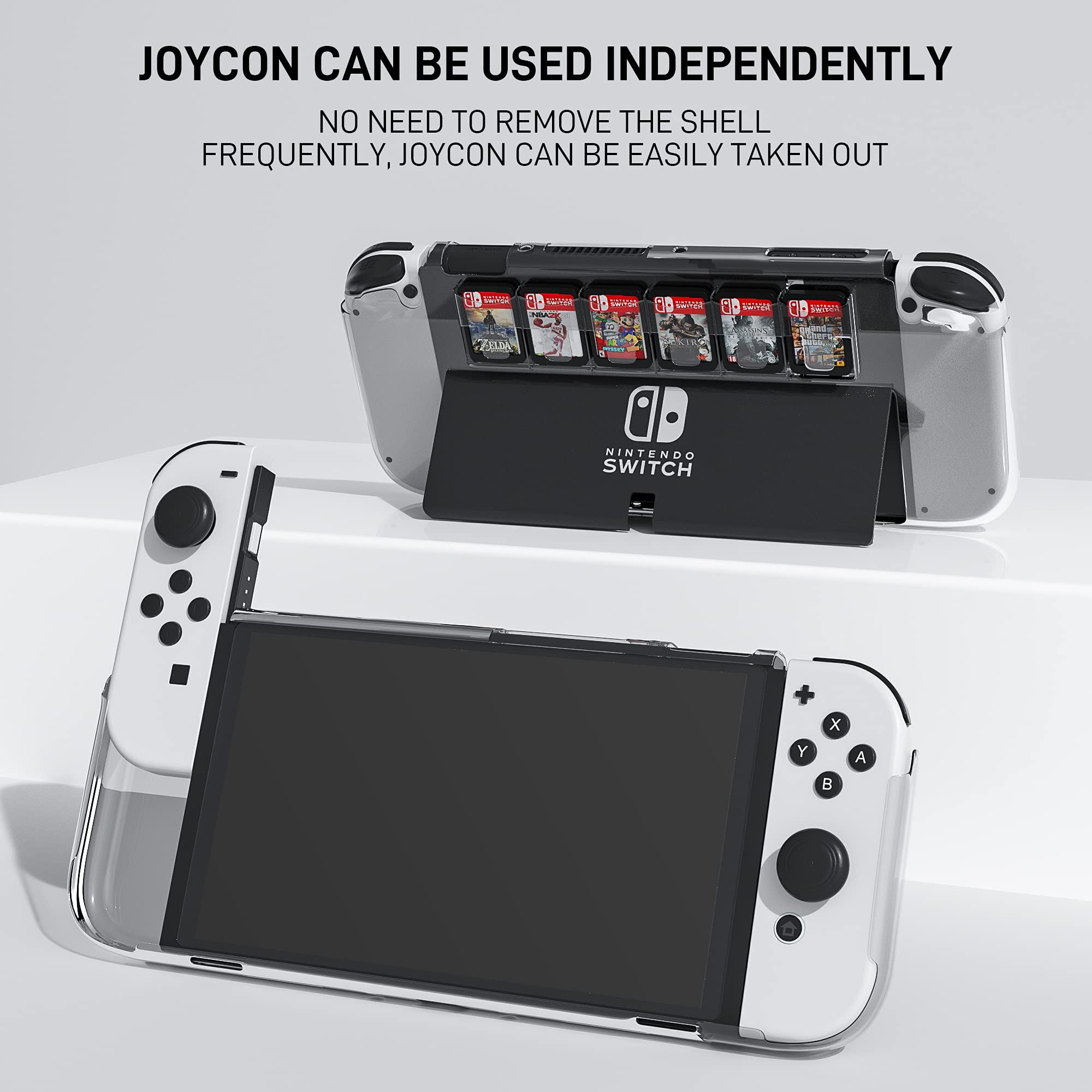 LASTYAL Protective Clear Case Compatible with Nintendo Switch OLED Model with Hard Transparent Cover Case for Switch OLED with 6 Game Card Storage Slots, Screen Protector and 10 Thumb Grip Caps