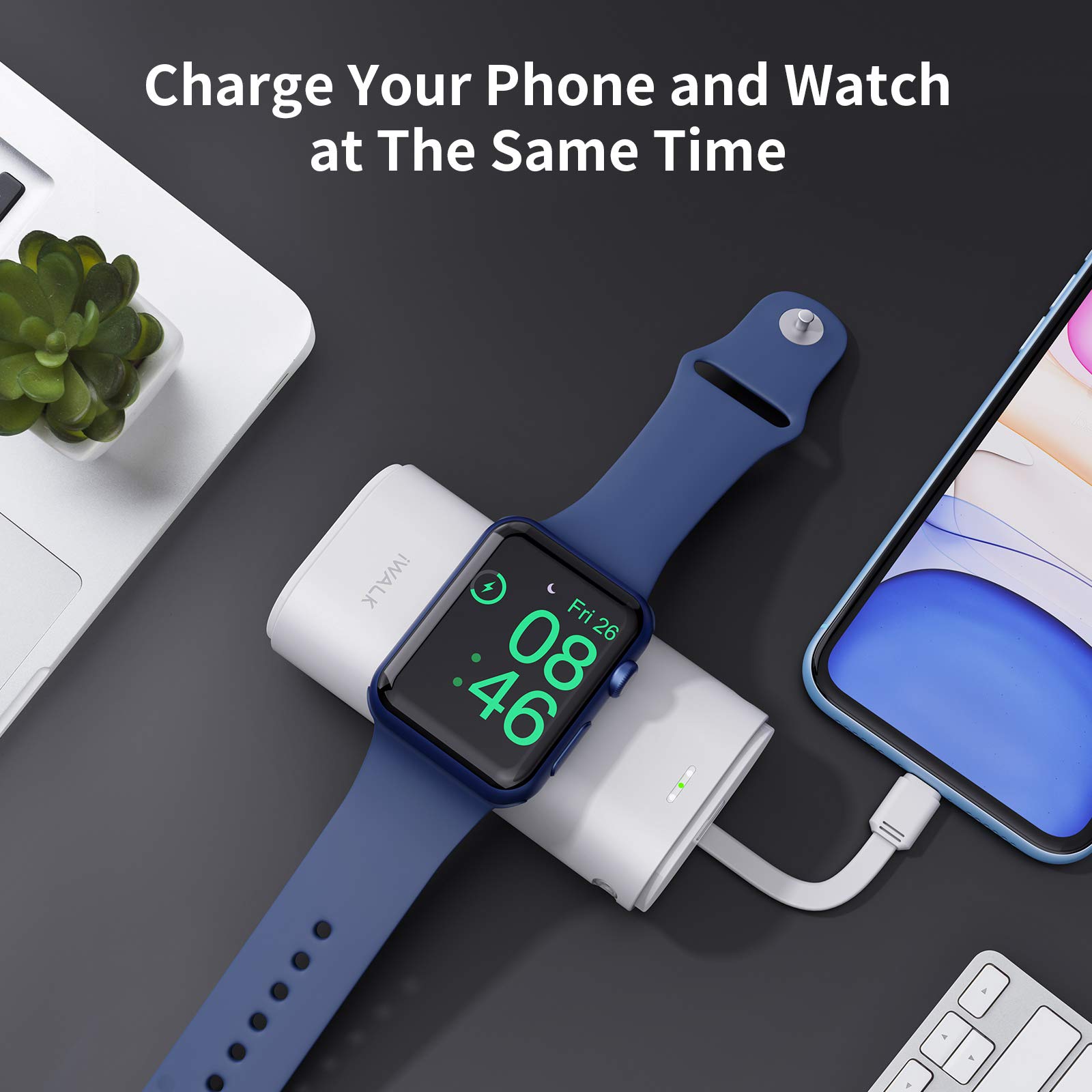 iWALK Portable Charger for iWatch, 9000mAh Power Bank with Built in Cable, Battery Pack Charger Portable Compatible with Apple Watch Series 8/7/6/Se/5/4/3/2, iPhone14/13/12/12 Pro Max/ 11/6s