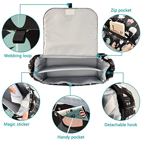 Kigai Indian Mint Aztec Feathers Baby Stroller Organizer with Cup Holders, Secure Hooks Accessories Adjustable Strap Stroller Bag for Bottle, Diaper, Phone, Toys, Baby Items