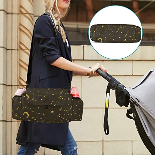 Kigai Star Moon Constellations Baby Stroller Organizer with Cup Holders, Secure Hooks Accessories Adjustable Strap Stroller Bag for Bottle, Diaper, Phone, Toys, Baby Items