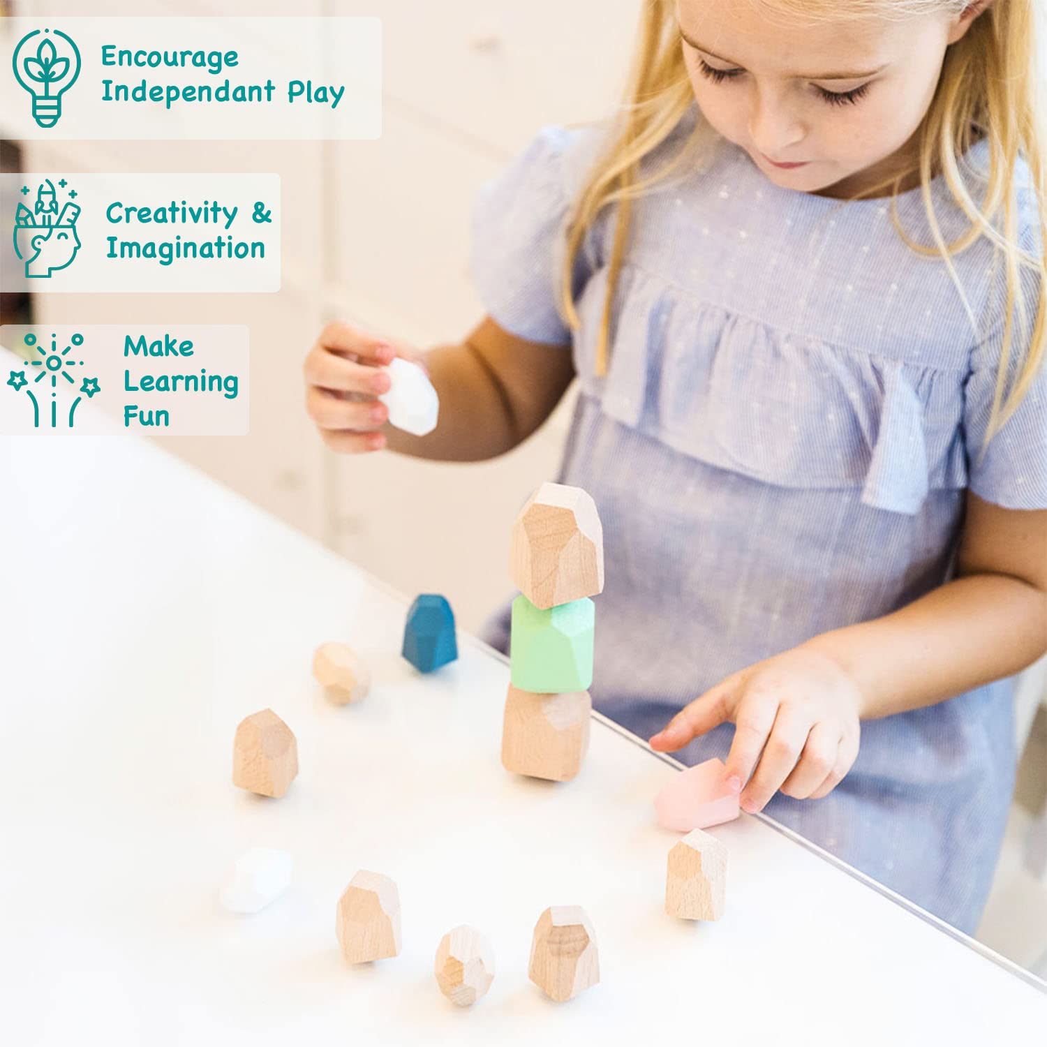 Mila & Tom Wooden Stacking Rocks 36 - Montessori Toy Balancing Set - Educational Sensory Stones - Toddlers Learning Sorting Game - Stackable Stone Rainbow Solid gems