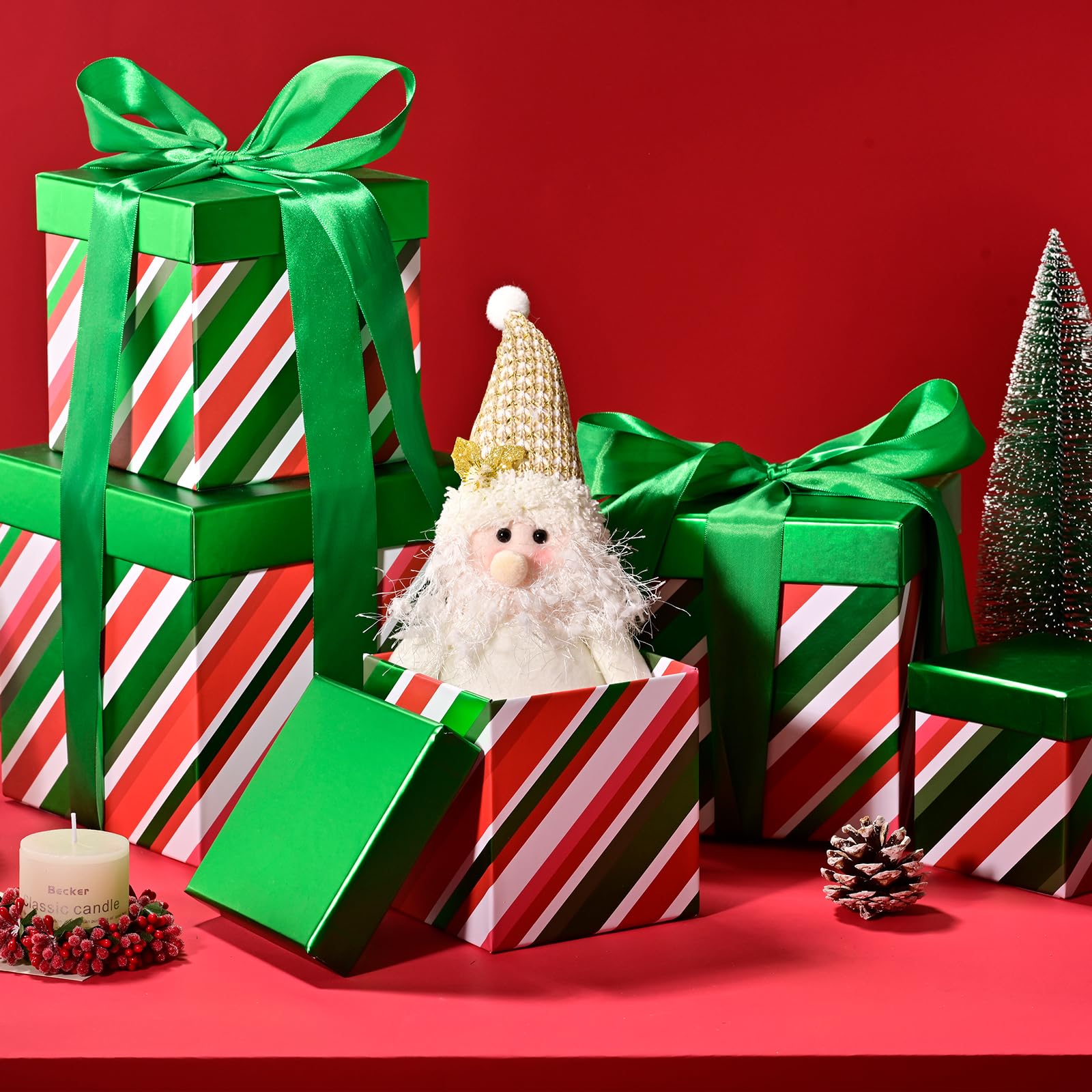 PAPER FAIR 5PCS Christmas Nesting Gift Boxes with Lid, Xmas Nested Box Set, 5 Sizes, Square Stackable, Green Red Stripe Paper Box Tower Décor with Satin Ribbon, for Holiday Thanksgiving New Year