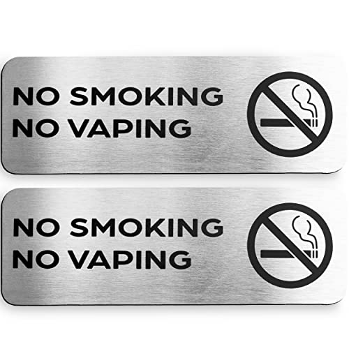 No Smoking No Vaping Sign (Brushed Aluminum 9 in x 3 in) - No Smoking Sign - No Smoking Signs for Business - No Smoking Signs for Home - Airbnb Essentials for Hosts - Airbnb SIgns for Hosts - 2 PACK