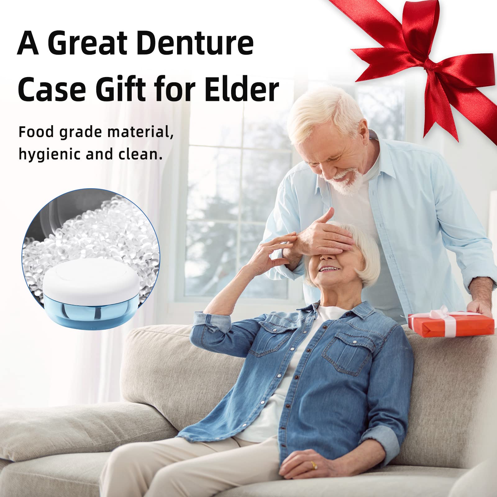 Netceem Leak Proof Denture Cup Kit Portable Retainer Case Perfect for Travel, Denture Case Container Cleaning Care for Dentures Aligner Mouth Guard with Denture Brush,Strainer, Removal Tool and Mirror