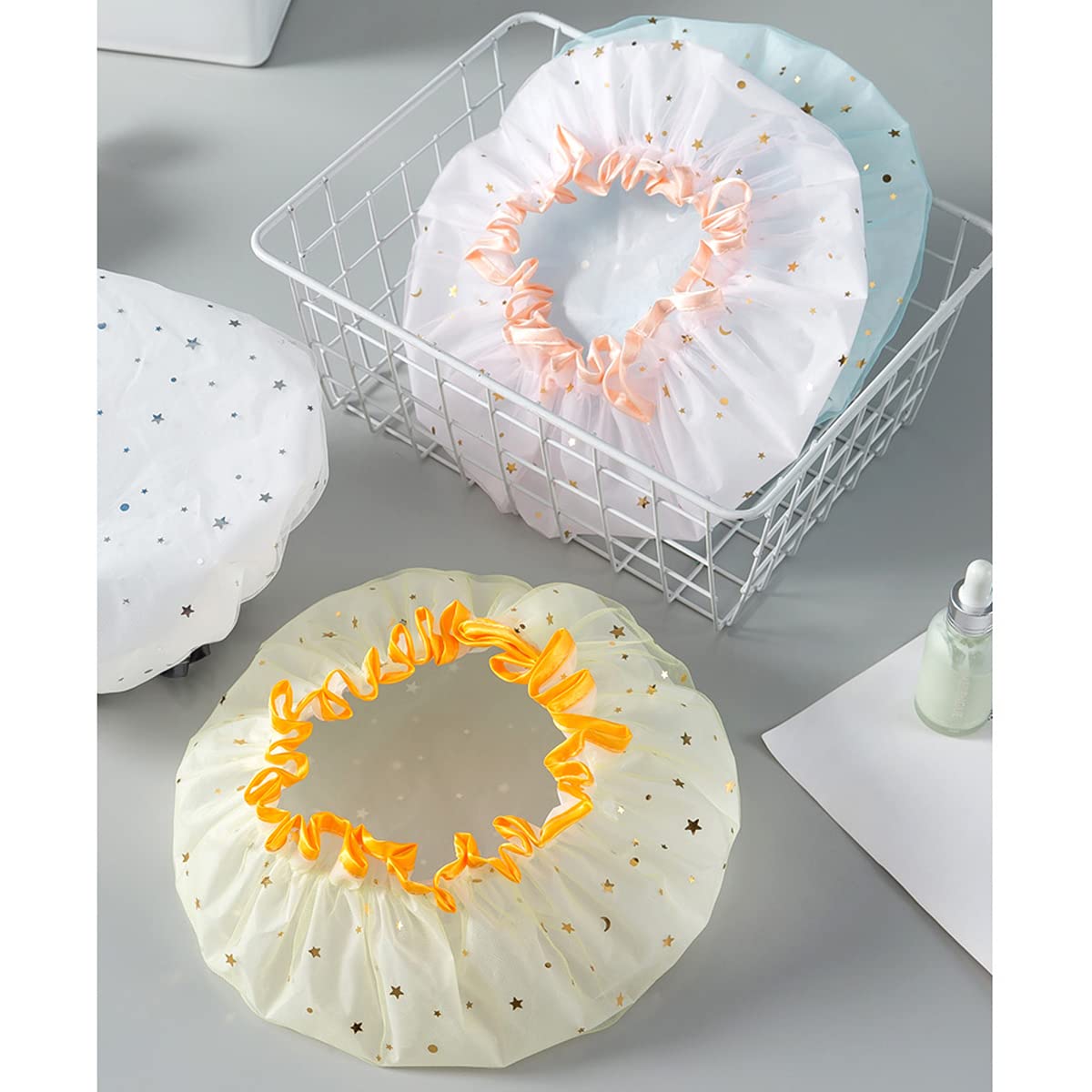 Shower Cap, Double Layer Waterproof Lace Hair Cap Reusable Plastic Elastic Bathing For Spa, Home, Hotel and Hair Salon (Pink)