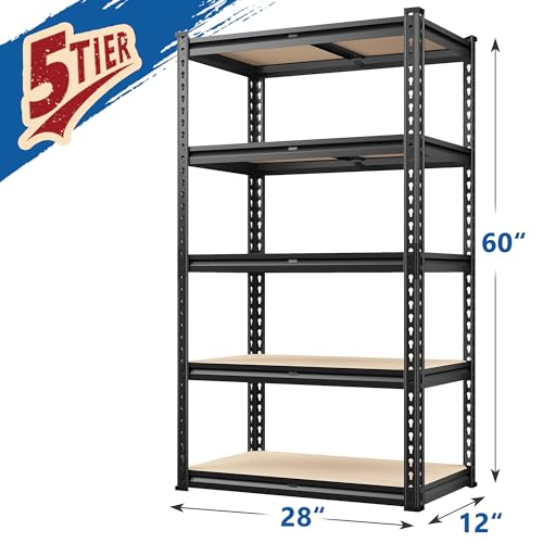 REIBII Storage Shelves 5-Tier Garage Shelving Heavy Duty 1500LBS Metal Shelving Unit Adjustable Laminated Utility Rack for Kitchen Warehouse Basement Boltless Assembly Black 28" W x 12" D x 60" H
