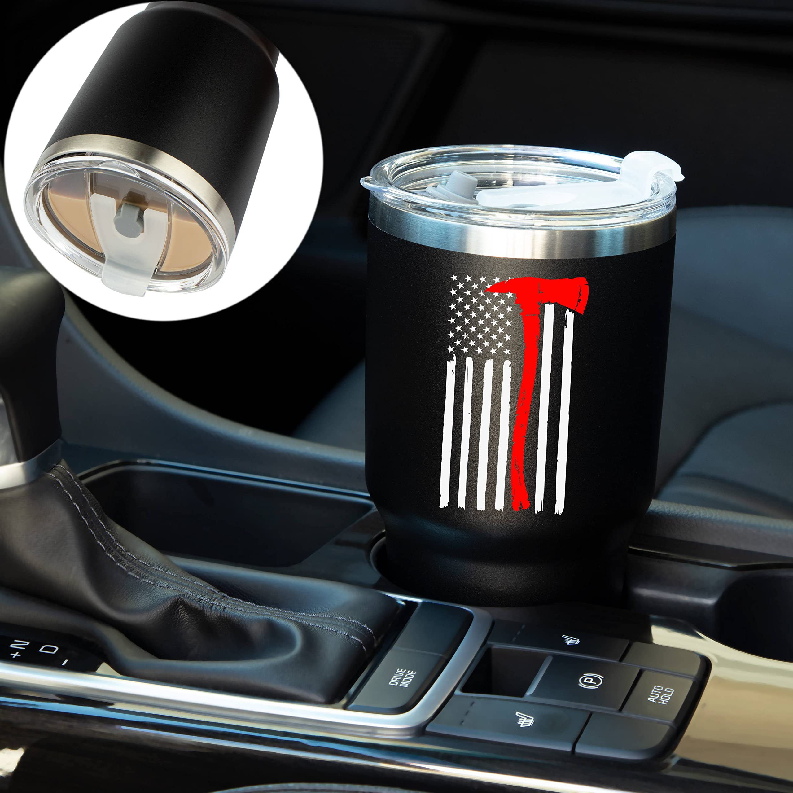 JENVIO Firefighter Gifts for Men | Stainless Steel Travel Tumbler/Mug with Two Lids and Gift Box | Thin Red Line Flag Design for Fireman Gift | Christmas Department | First Responder