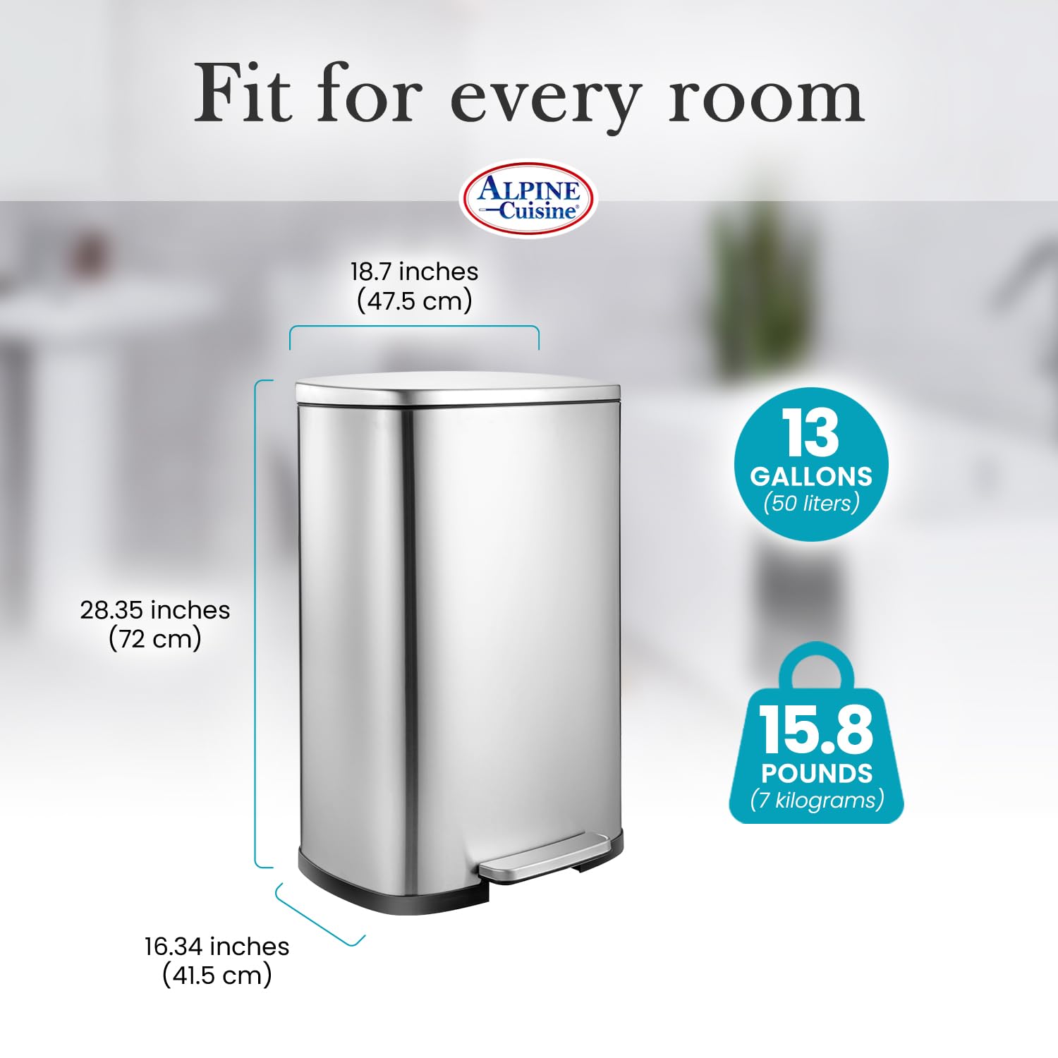 Stainless Steel Step Trash Bin - 13 Gallon (50L) Rectangular Pedal Bin with Soft Close Lid & Removable Inner Bucket, Fingerprint-Resistant Kitchen Trash Can, Ideal for Home, Office, or Commercial Use