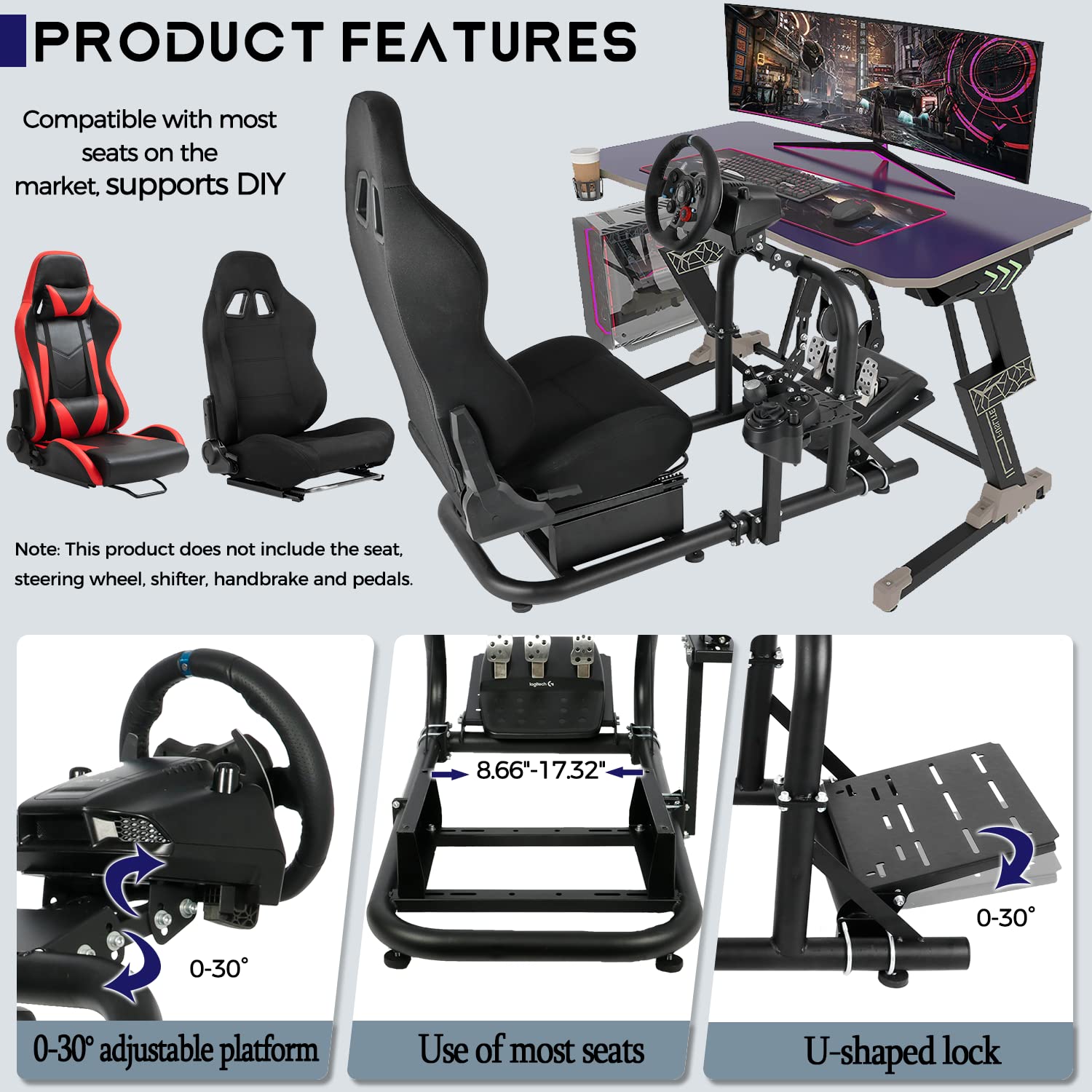 Minneer Stable Racing Simulator Cockpit Fit for Logitech/Thrustmaster/Fanate G29 G920 G923 T248 T300,Steering Wheel Stand,Not Included Seat,Wheel,Pedal & Handbrake