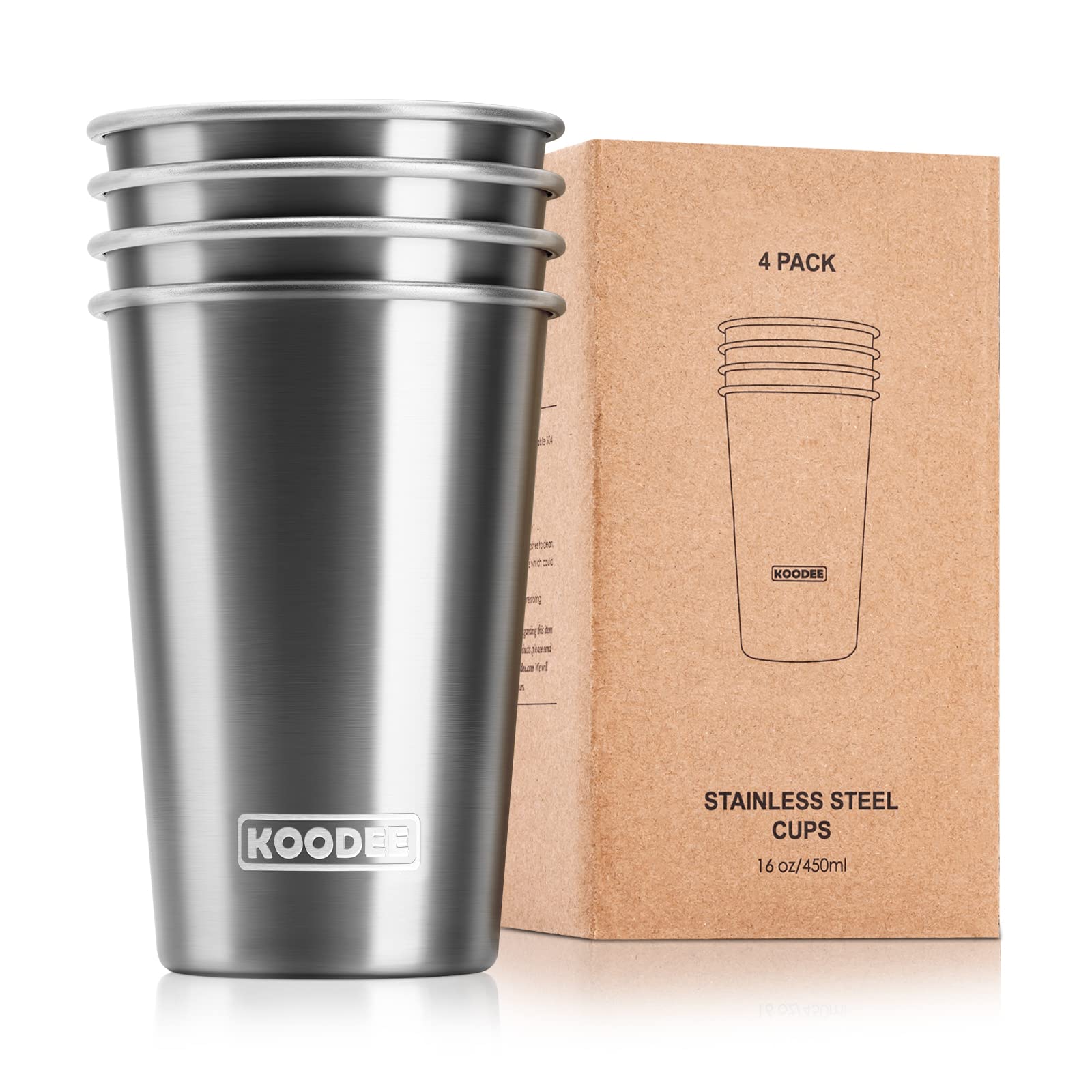 koodee Stainless Steel Cups(4 Pack) 16 oz Pint Tumbler Stackable Metal Drinking Glasses for Camping, Outdoorsļ¼Sky Blue-Baby Blue-Pink-Tealļ¼