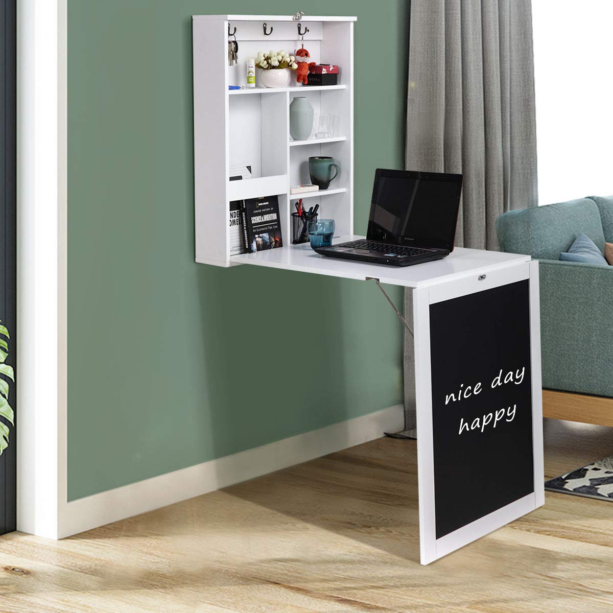 JAXSUNNY Modern Space-Saving Fold Out Convertible Floating Compact Wood Wall-Mounted Folding Desk with Multiple Storage Compartments for Home and Office,Blackboard, White and Black