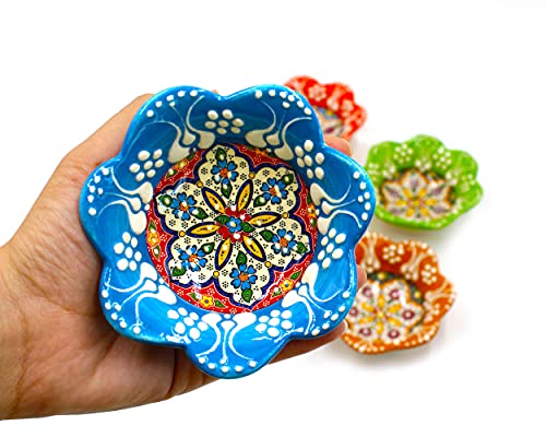 Silver Craft 6 Pcs Daisy Shaped Hand Painted Decorative Serving Turkish Tiny Bowls - Handmade Ceramic Bowl - Set of 6 (3.7 inc/9.5cm) 2.5 Oz Pinch Multicolor Small Serving Bowls - Best Gift Set