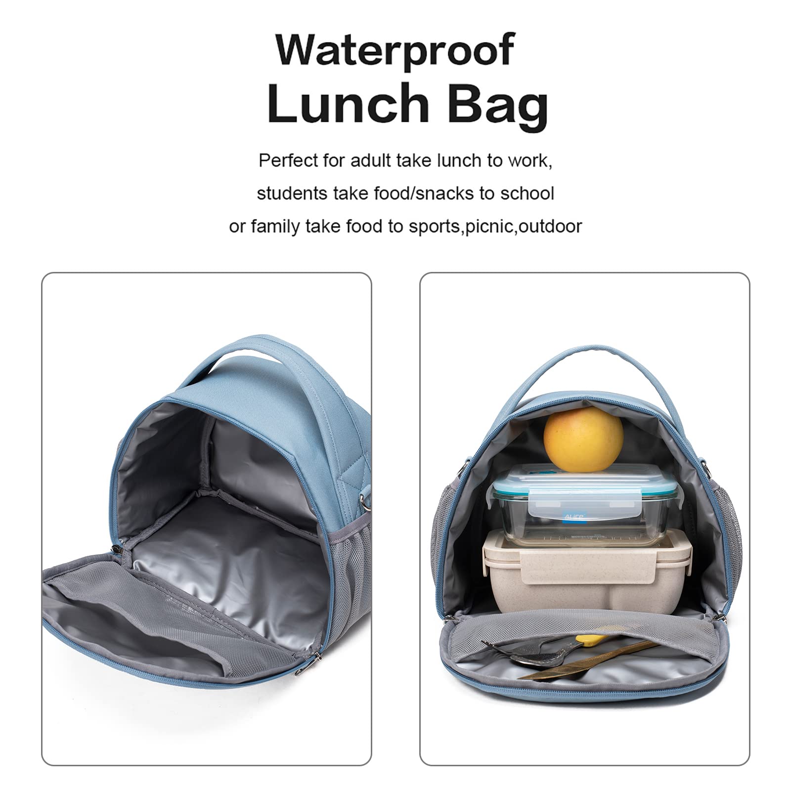 Lunch Bag Insulated Cooler Bag for Women Nylon Waterproof Lightweight Lunch Box Organiser (Dusty blue)