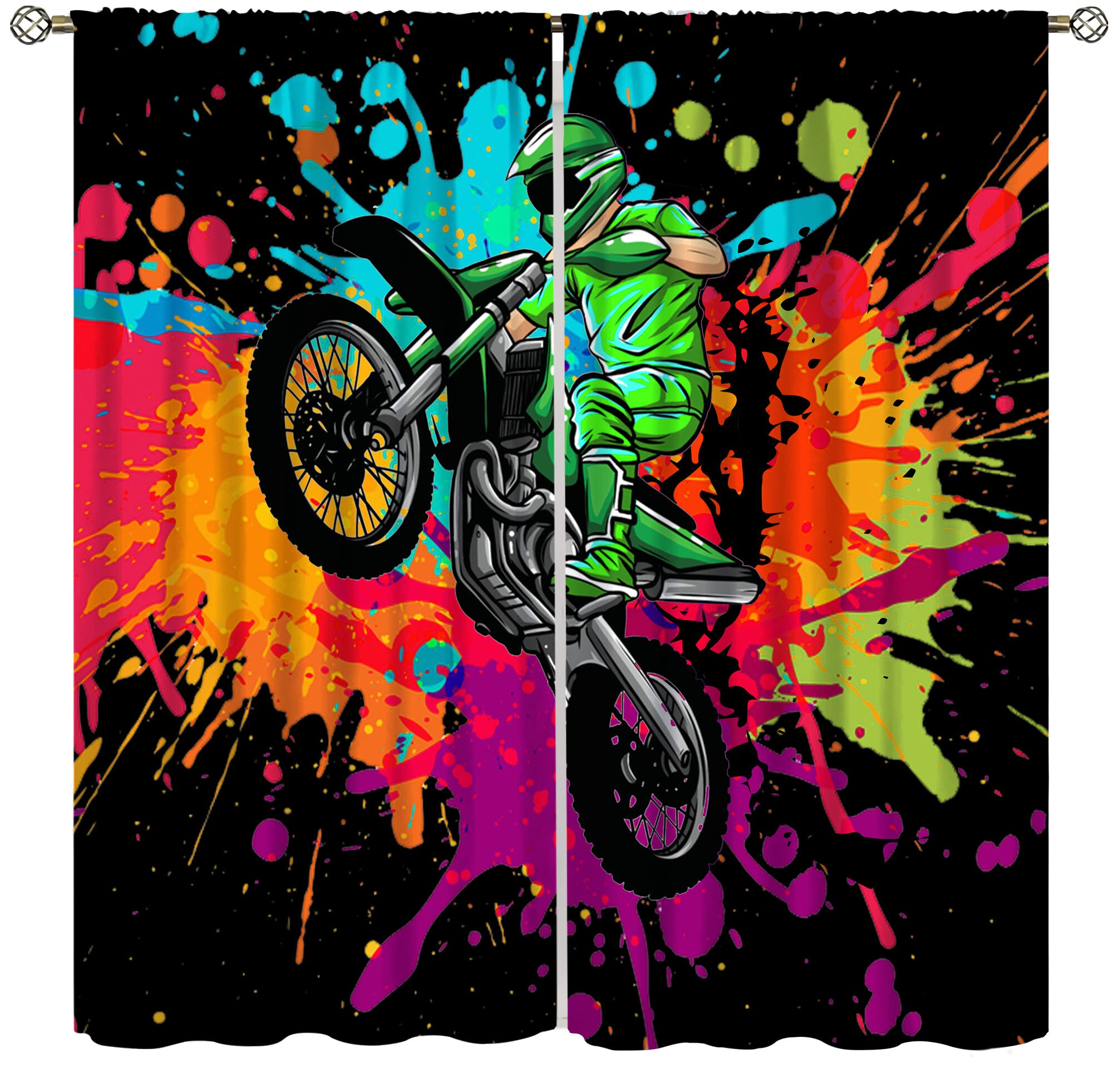 Motorcycle Curtains,Boys Bedroom Youth Children Watercolor Extreme Sports Motocross Printed Window Curtains 52x84in