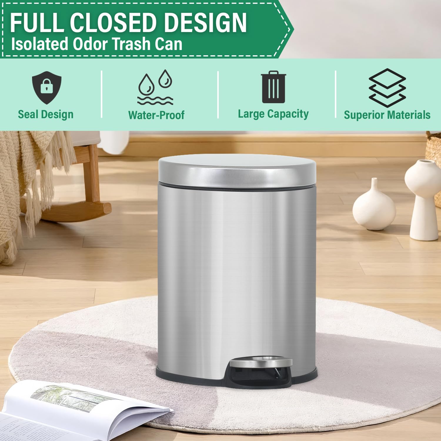 Stainless Steel Round Metal Step Garbage Bin Bathroom Trash Can 6 Liter/1.6 Gallon Small Garbage Can Trashcan with Lid Step Pedal, Removable Inner Bucket Wastebasket for Kitchen Office(2)