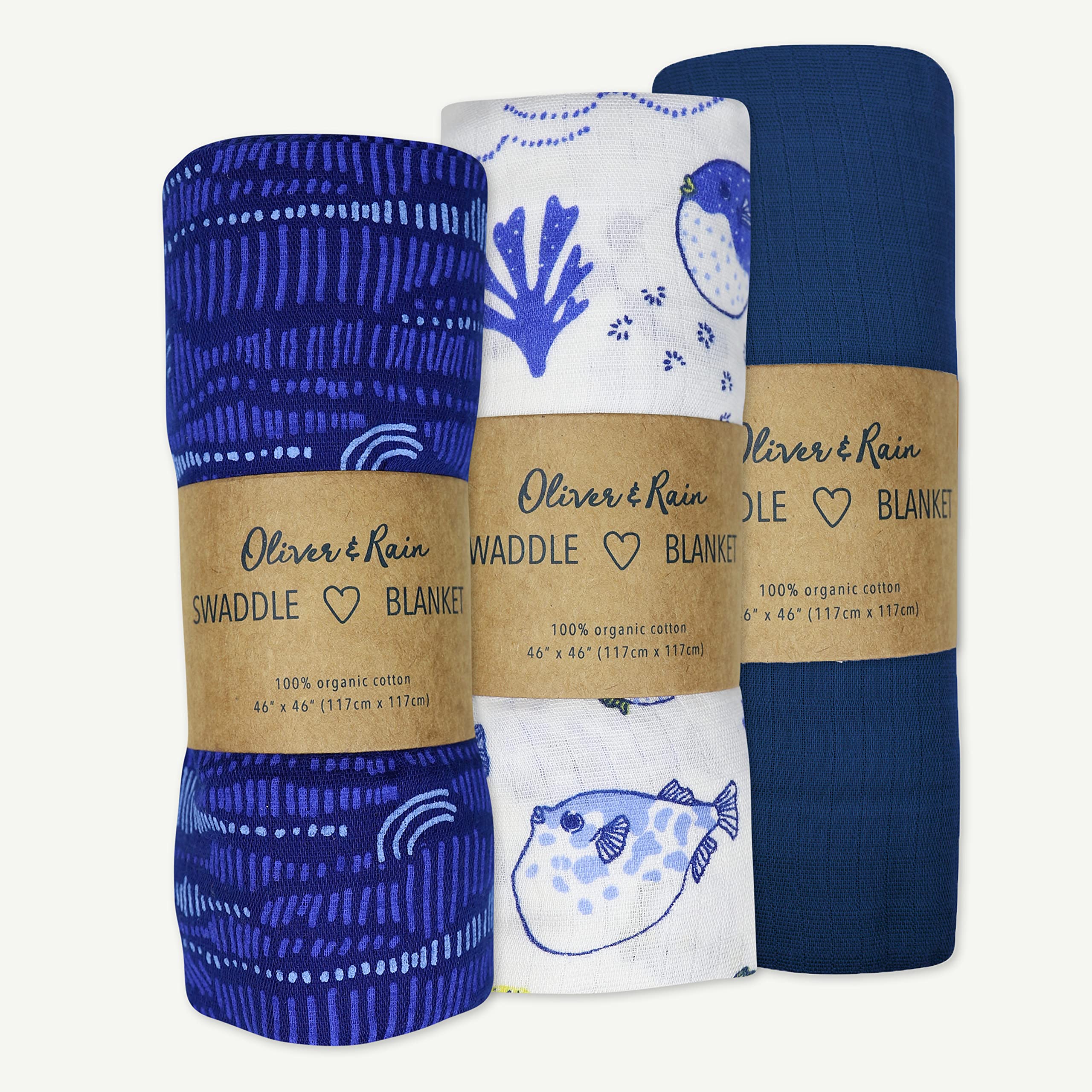 Oliver & Rain Organic Muslin Baby Boy Swaddle Blankets 3 Pack Receiving Blankets Bubblefish