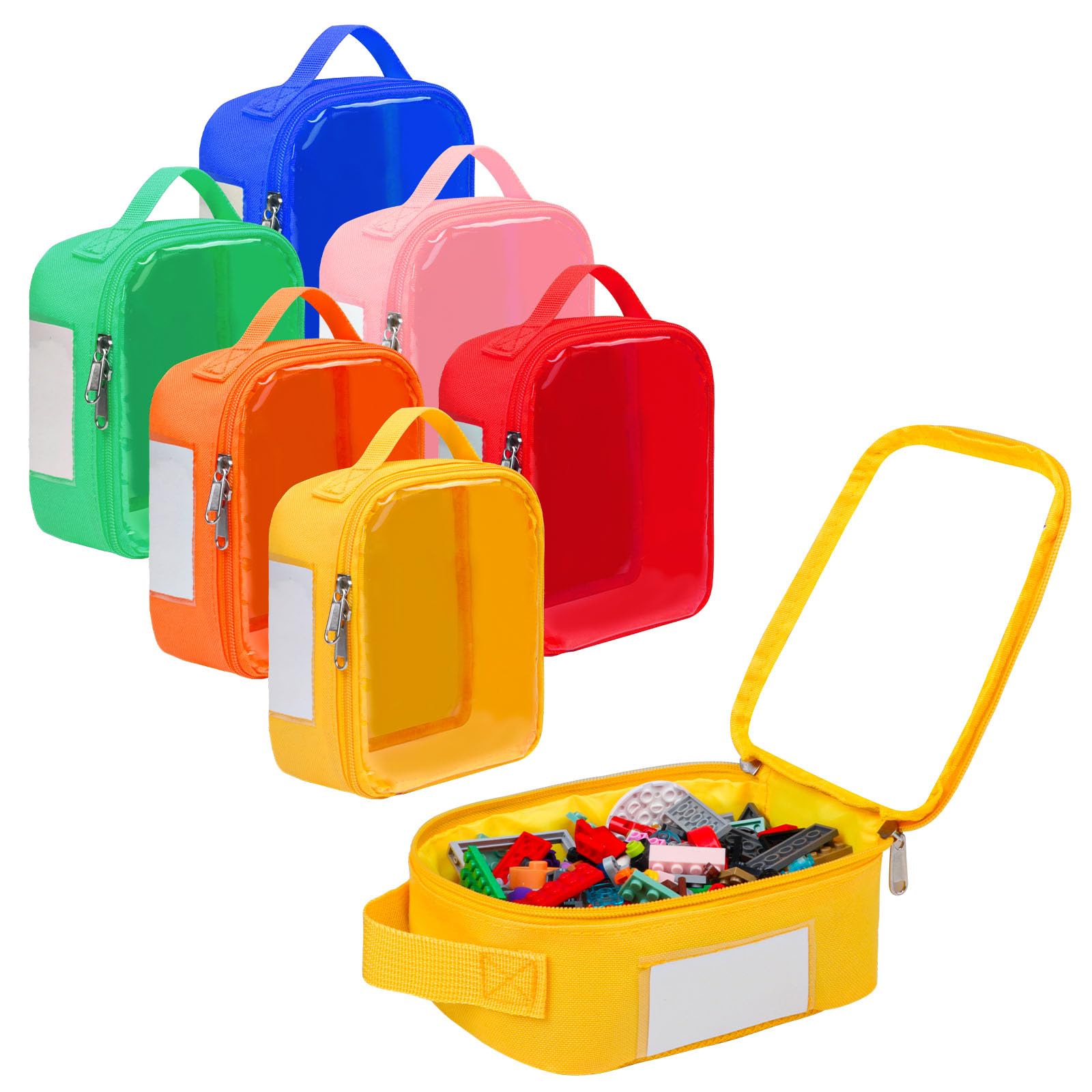 Partreko 6 Pack Toy Storage Bag with Clear Window, Name Tag& Manual Pocket, Multicolor Toy Organizer Case for Lego Bricks, Board Games, Building Blocks, Puzzles (Portable Small Carrying Size)