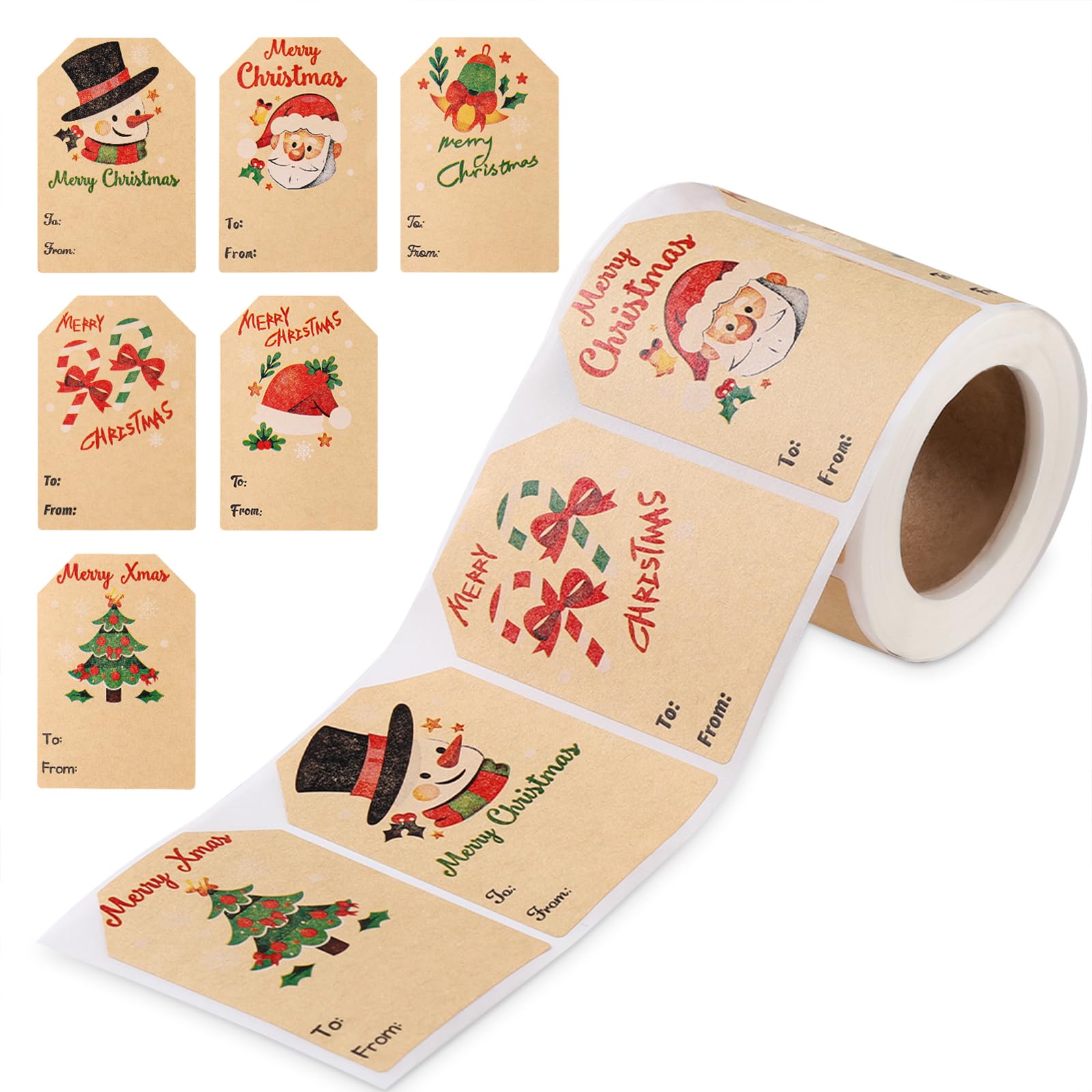 Sightor 250 PCS Gift Tag Stickers, Christmas Gift Tags Brown Kraft Holiday Presents Stickers 6 Designs Decorative Stickers to and from Gift Self Adhesive Labels