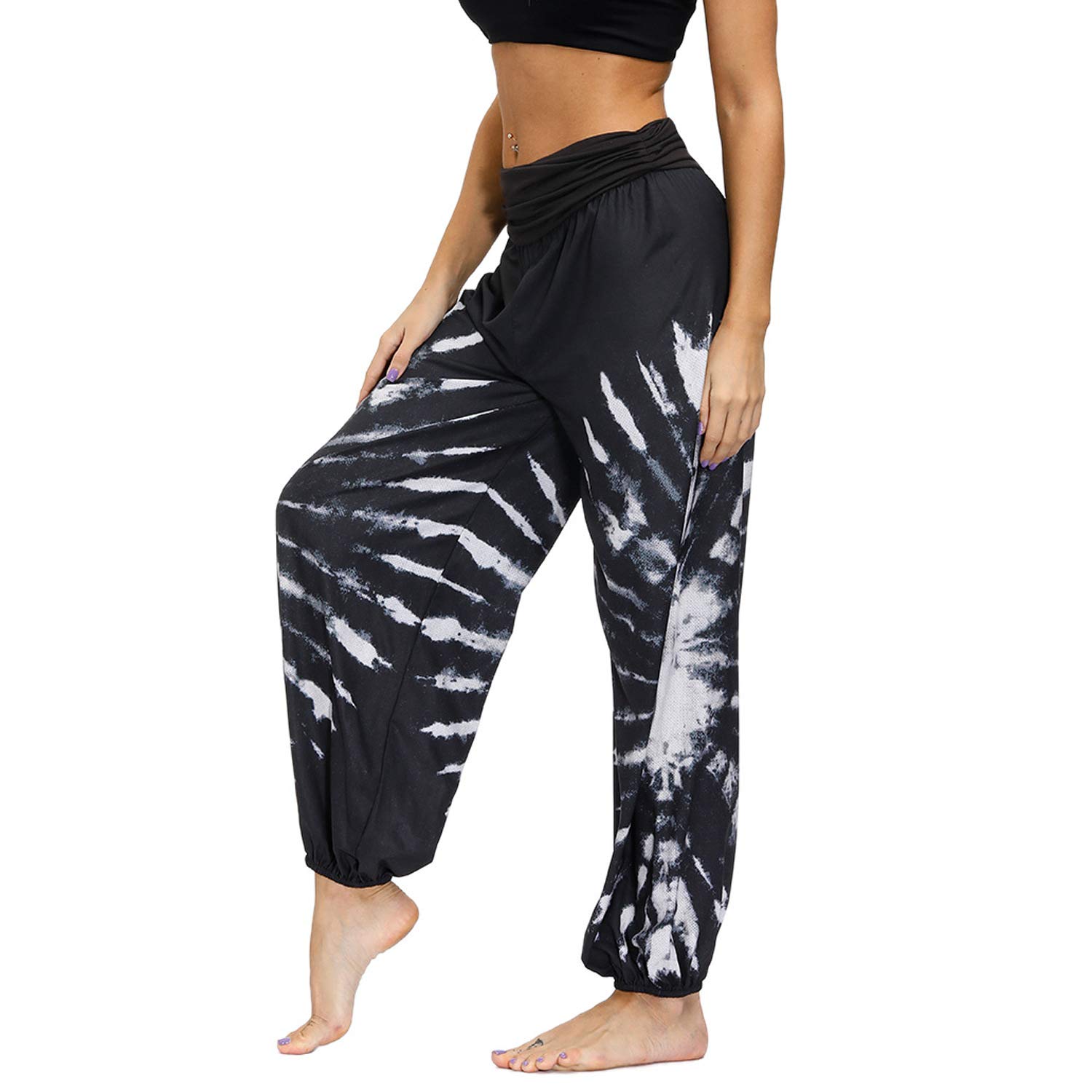 Lu's Chic Women's Boho Hippie Pants Yoga Thai Indian Bohemian Summer Cinch Bottom High Waisted Printed Pants Black Style3 X-Large