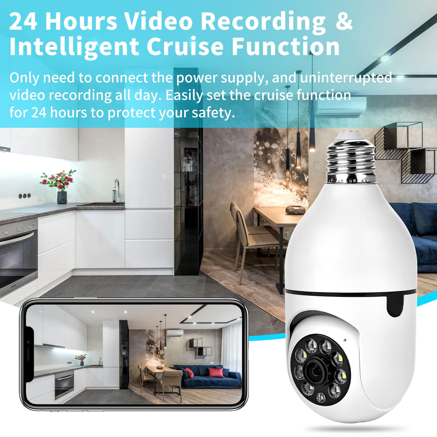 HnKeyjx 1080P HD Light Bulb Security Camera, Light Bulb Cameras Wireless Indoor, 2-Ways Audio, Color Night Vision, PTZ to Provide You with a Wider View,Mobile app Lication Compatible with Alexa.