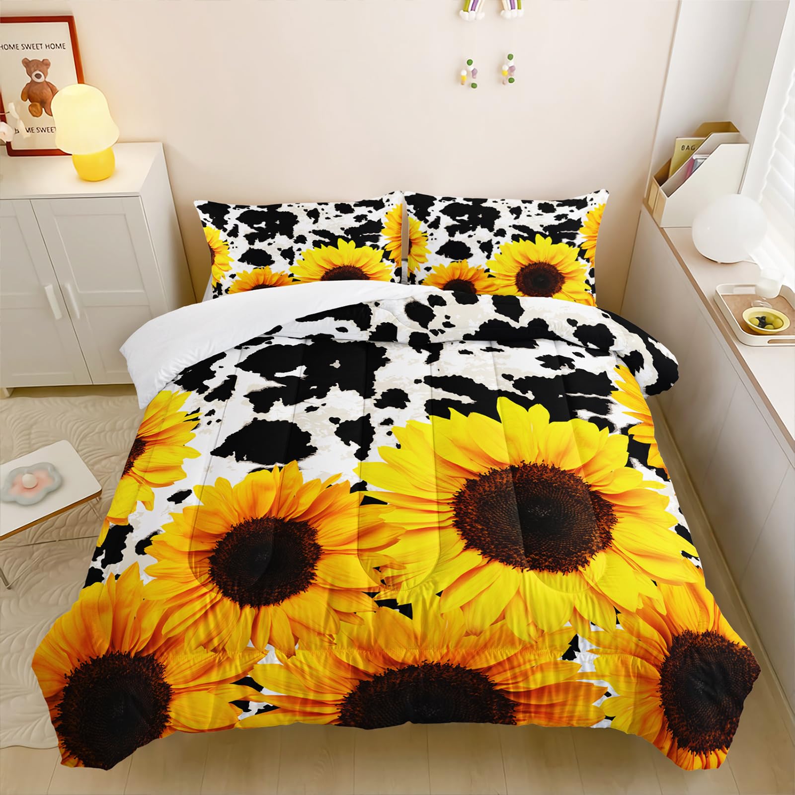 QOOMO Sunflower Comforter Set,Animal Print for Boys Girls Kids Teen Room Decor,Cow Print Bedding Sets, Wildlife 3Pcs Kids Bedding Set Full Size 1 Comforter & 2 Pillowcases