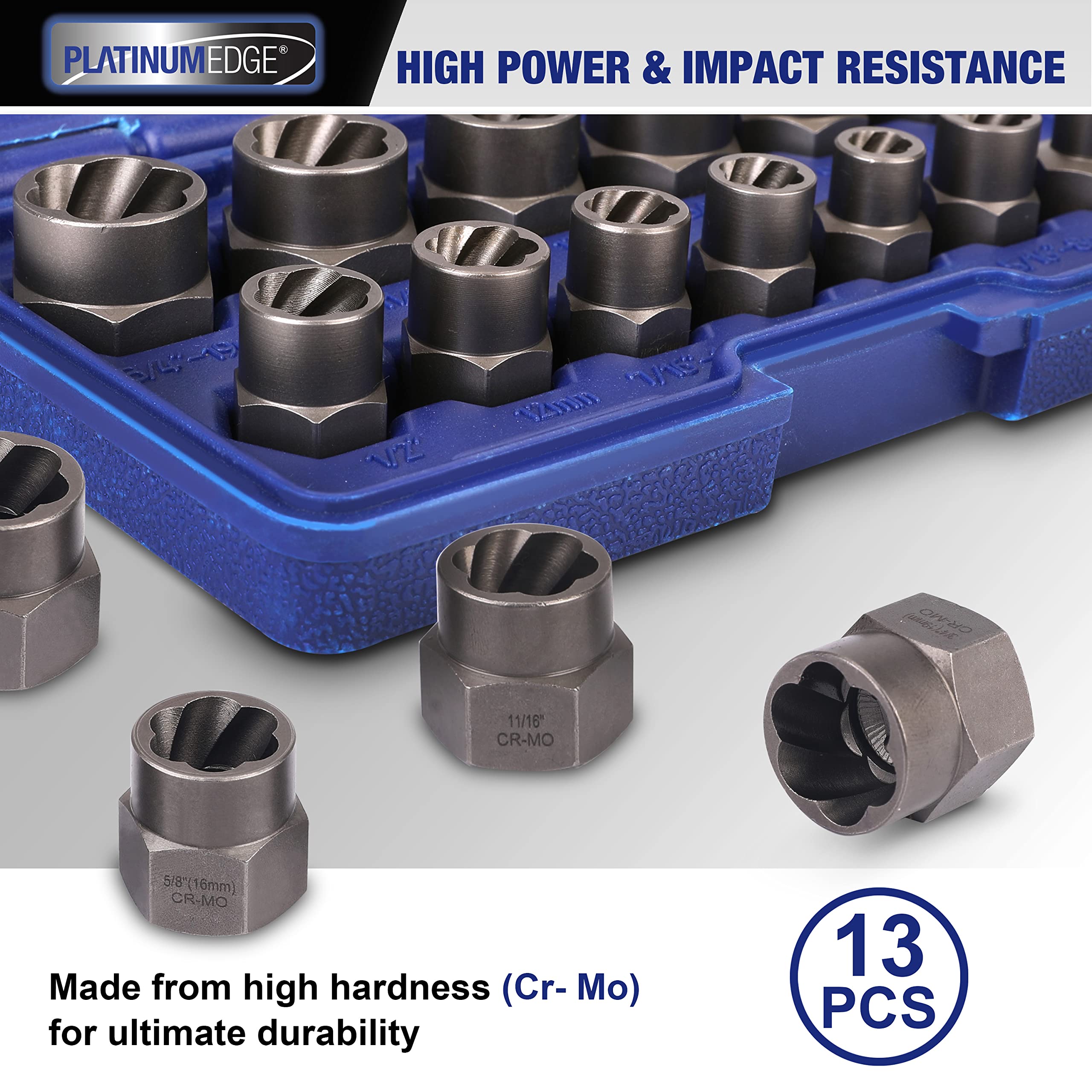 PLATINUMEDGE Bolt Extractor Tool Set, 13 Pieces Impact Bolt & Nut Remover Set, Stripped Lug Nut Remover, Extraction Socket Set for Easy Out Rusted Rounded Damaged Nuts Sockets and Bolts, Cr-Mo