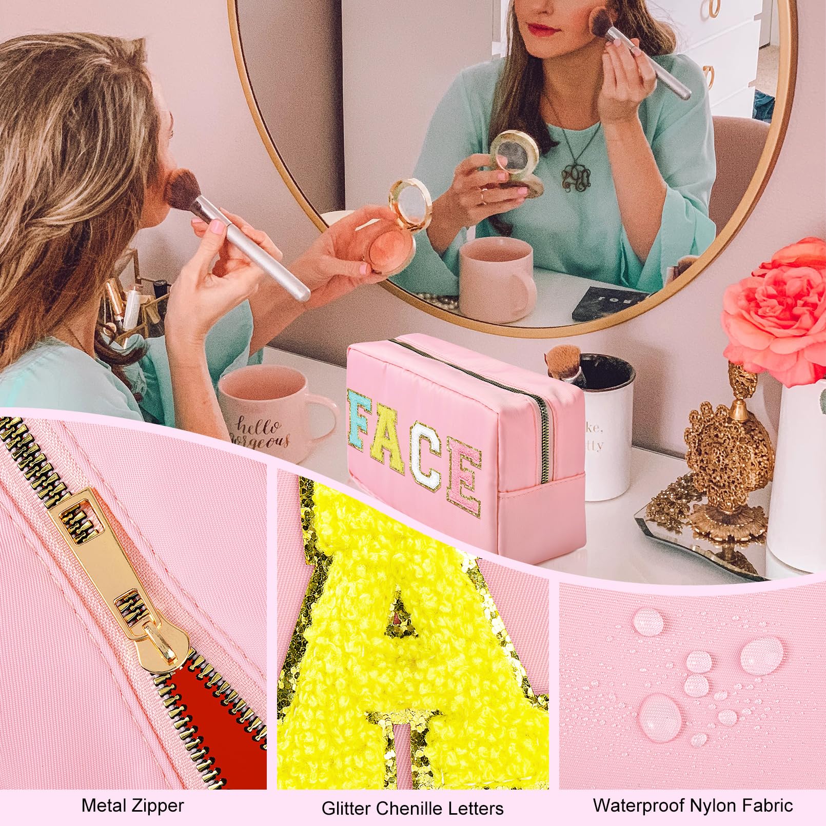 Nylon Preppy Makeup Bag Stuff Cosmetic Bag Pink Makeup Pouch with Chenille Varsity Letter Patch Travel Toiletry Bag Organizer Cute Makeup Brushes Storage Bag for Women